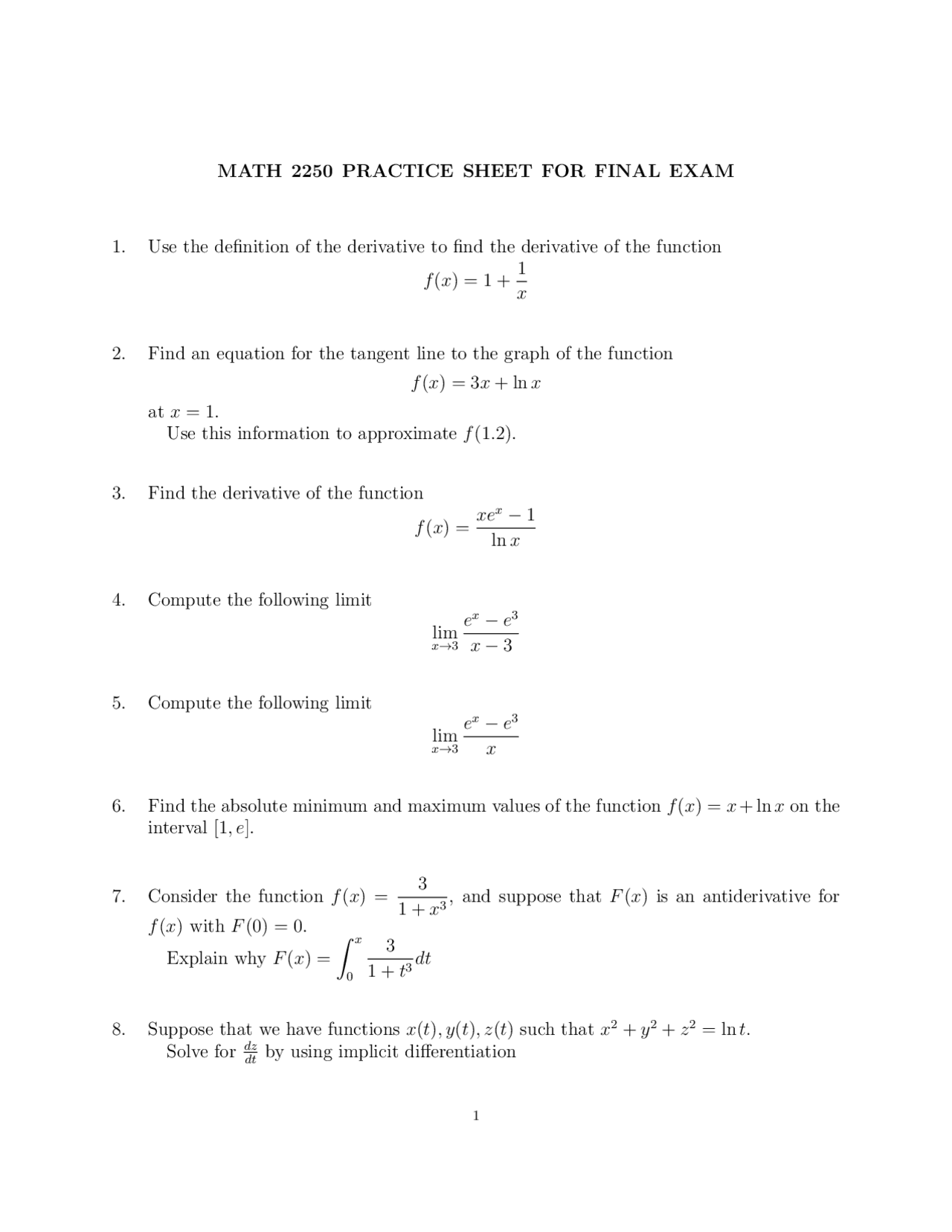 18 Problems On Derivatives Of Functions Final Exam Math 2250 Docsity