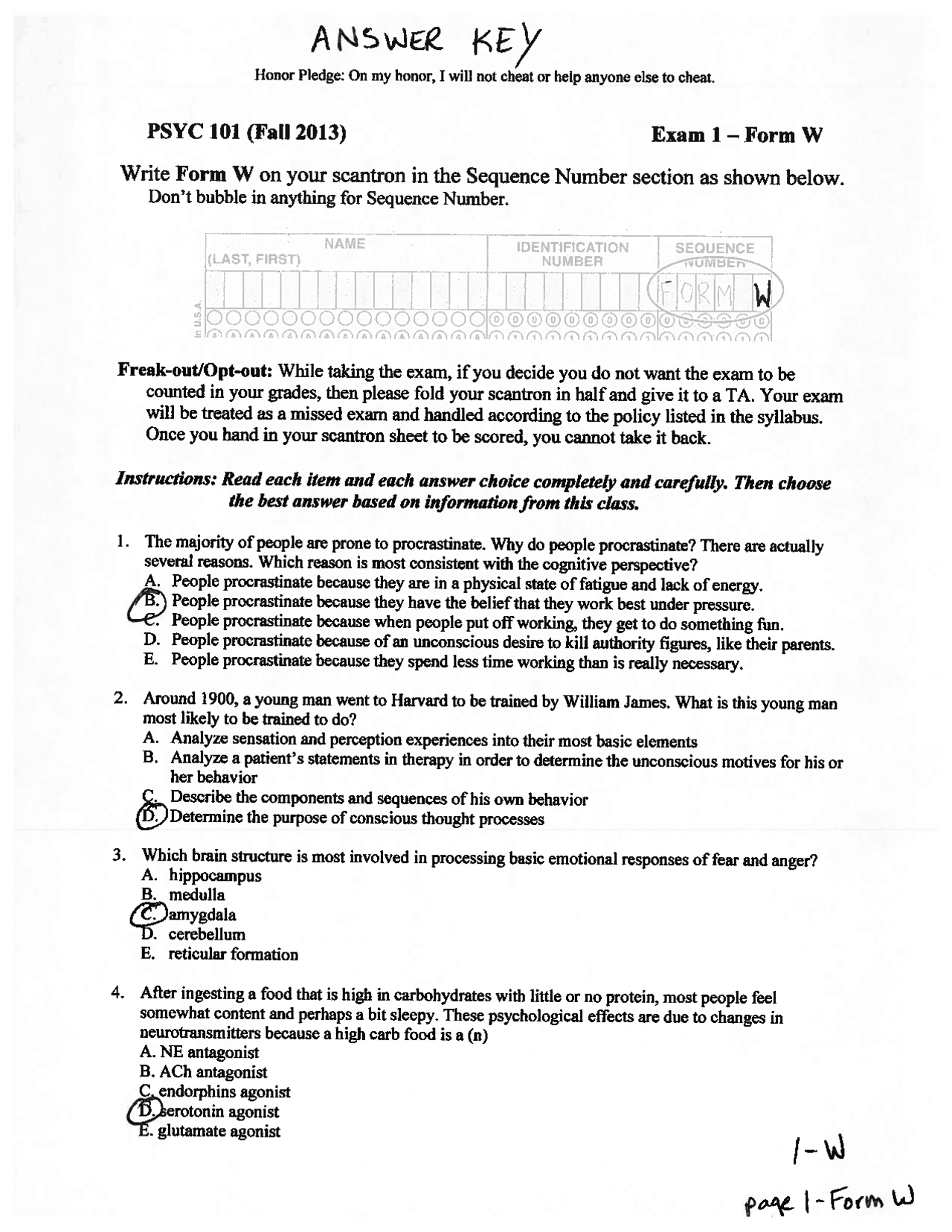 Exam 1 Answers key - General Psychology | PSYC 101 - Docsity