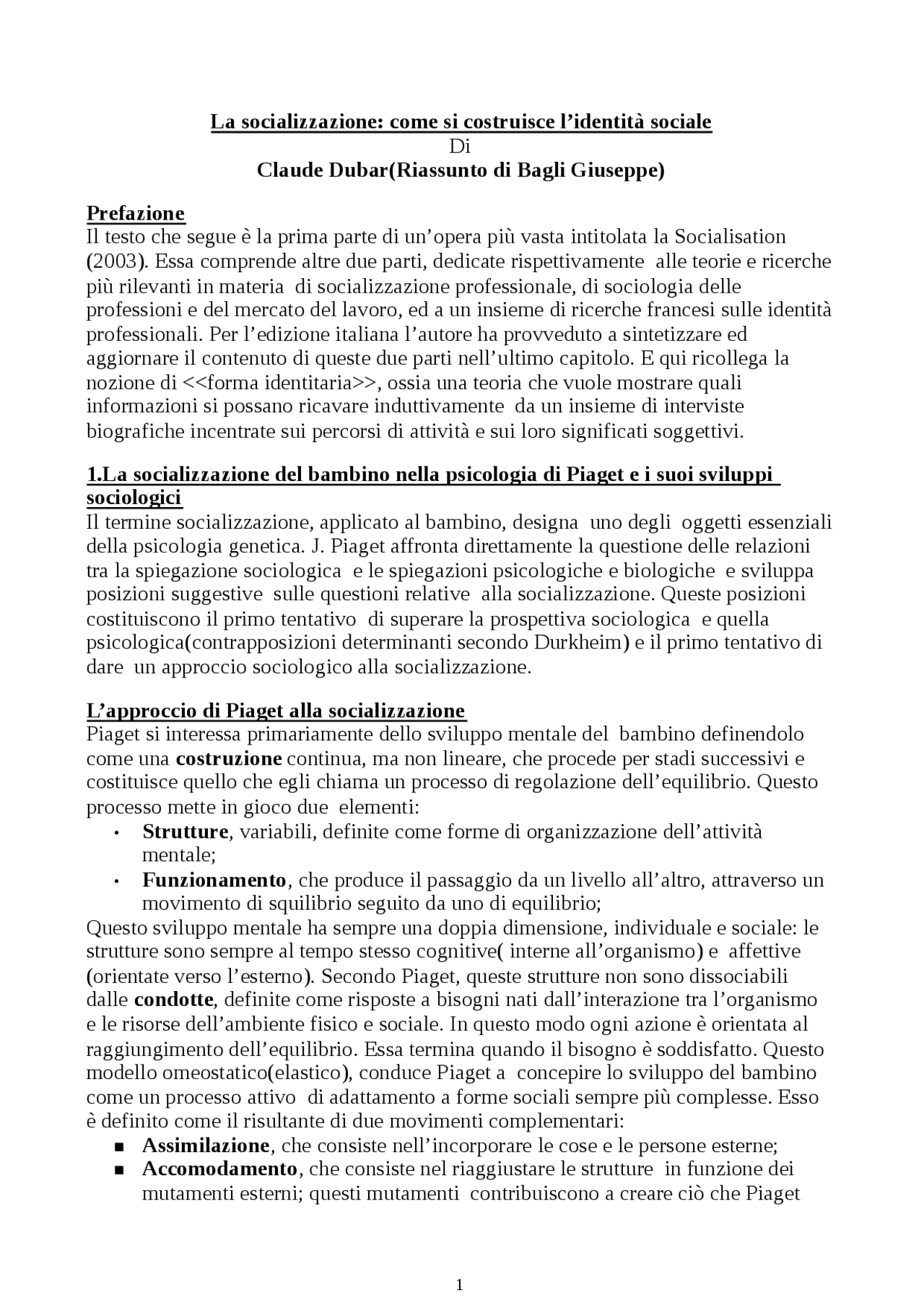 La socializzazione claude dubar - Docsity