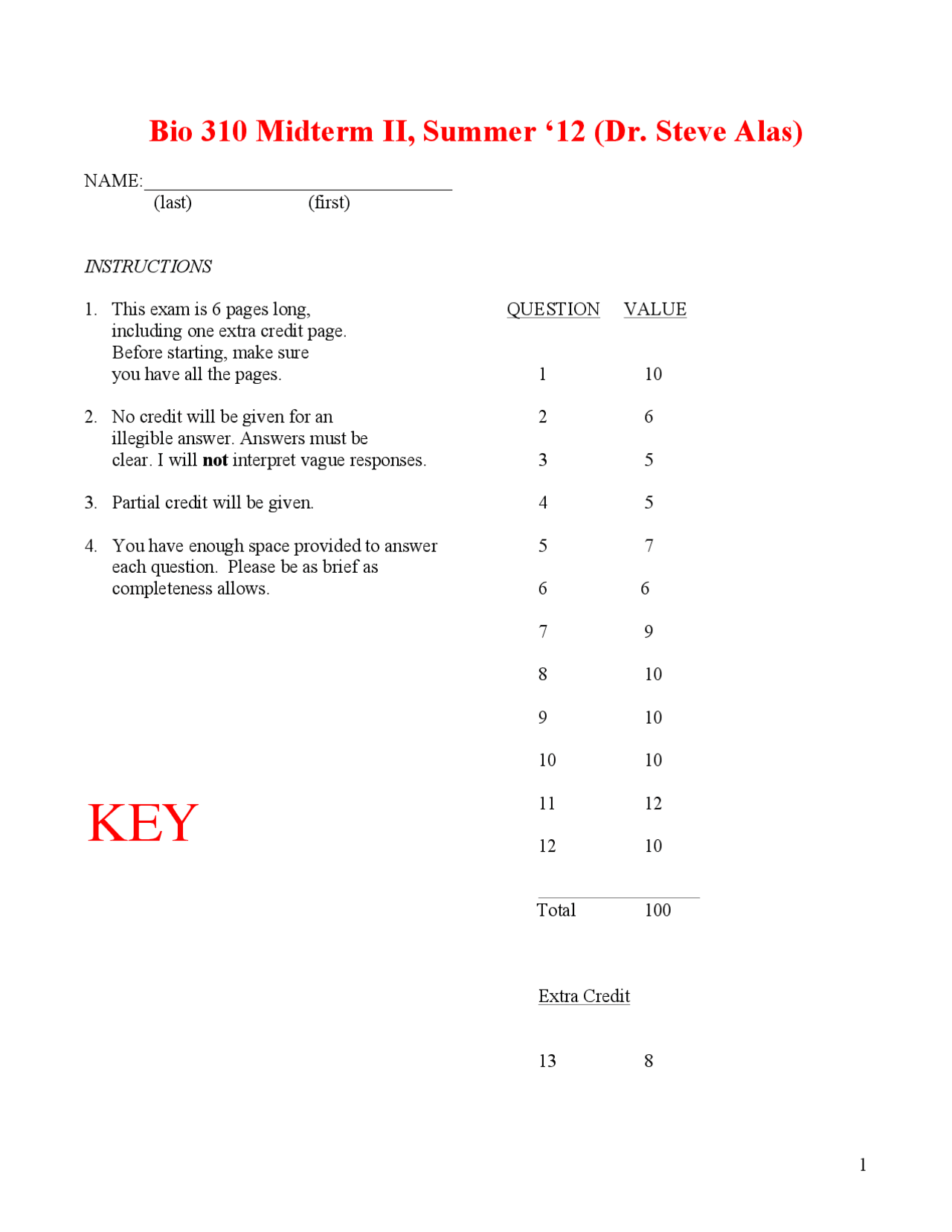 Cell And Molecular Biology Midterm Exam 2 With Solutions Bio 310