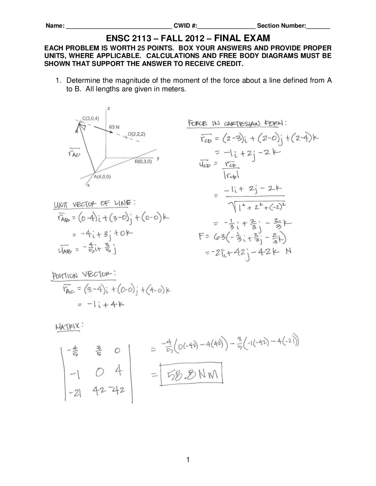 Final Exam With Solutions Statics Ensc 2113 Docsity