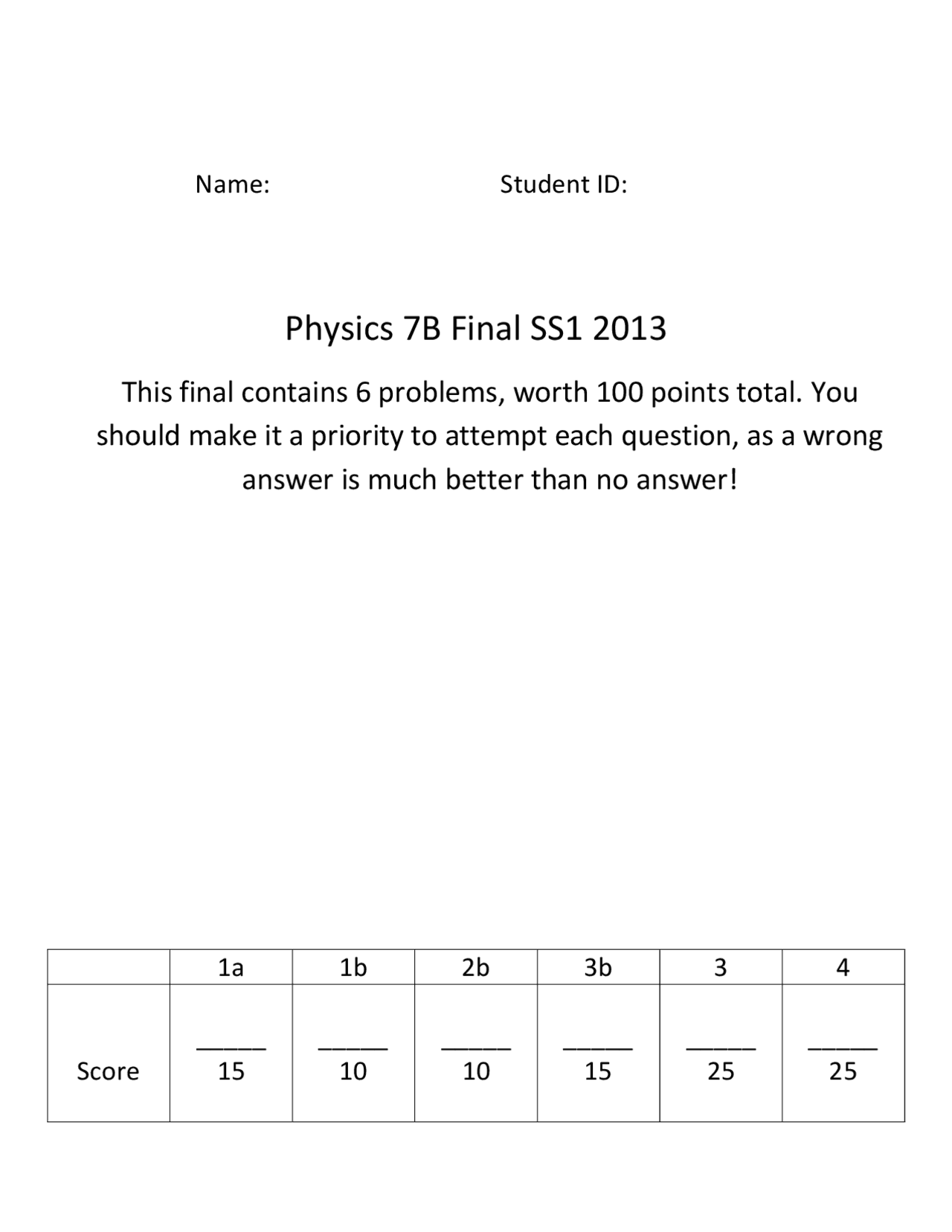 Final Exam Problems General Physics Phy 007b Docsity