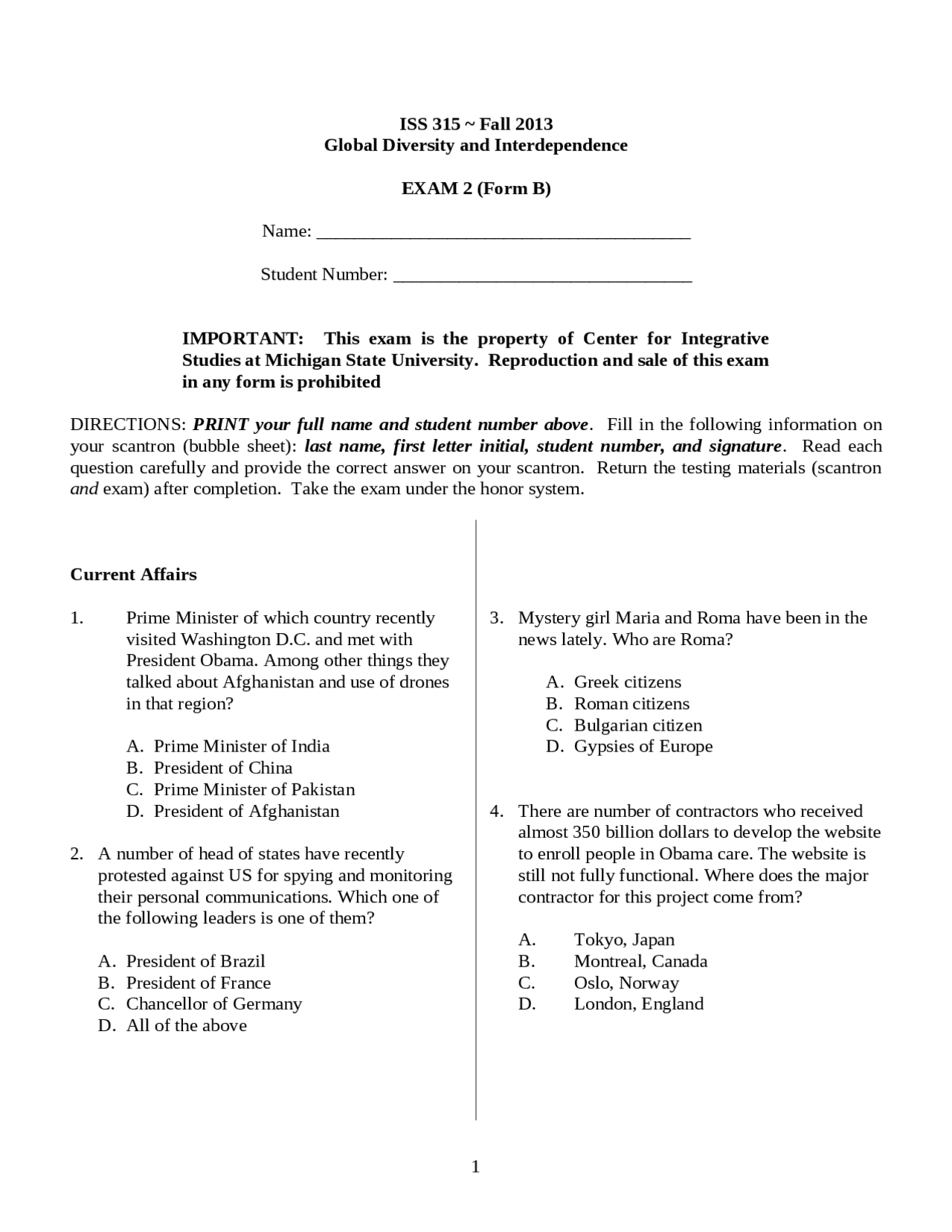 Exam 2 Form B Global Diversity And Interdependence Iss 315 Docsity