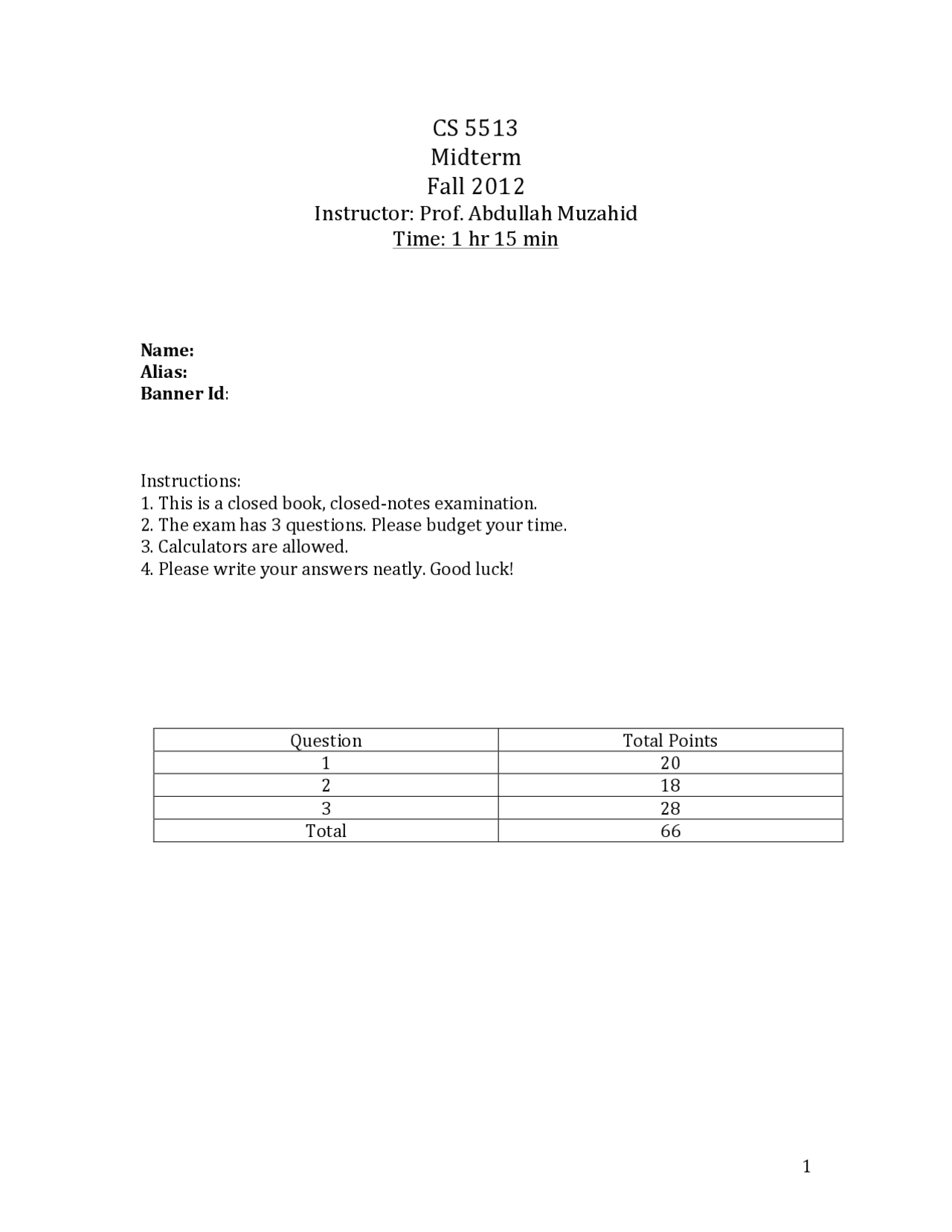 Midterm Exam Questions Computer Architecture Fall 2012 Cs 5513