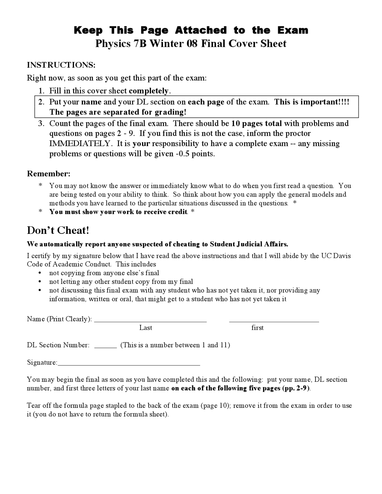 Final Cover Sheet General Physics Phy 007b Docsity