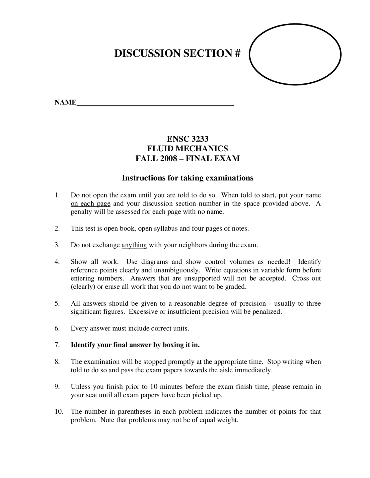 Final Exam Questions for Fluid Mechanics | ENSC 3233 - Docsity