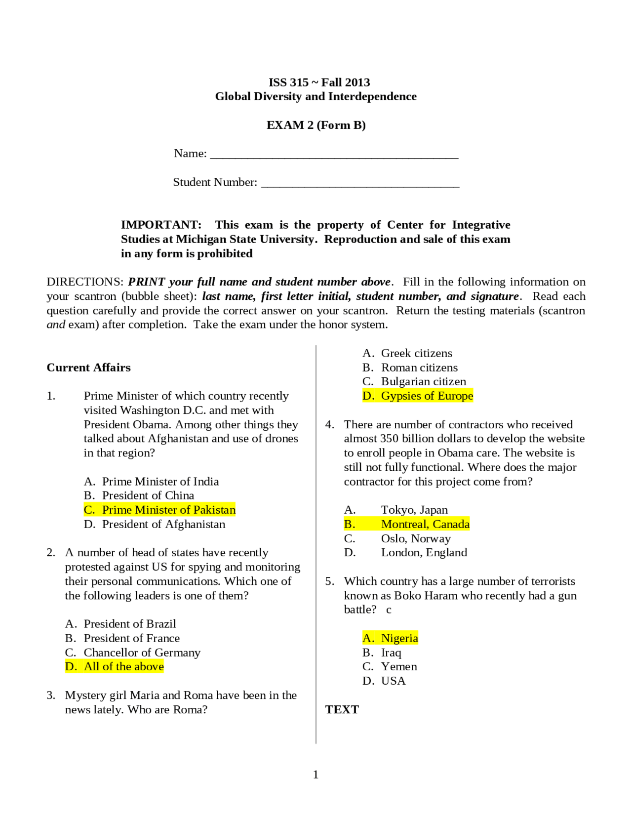 Exam 2 Solutions Global Diversity And Interdependent Iss 315 Docsity