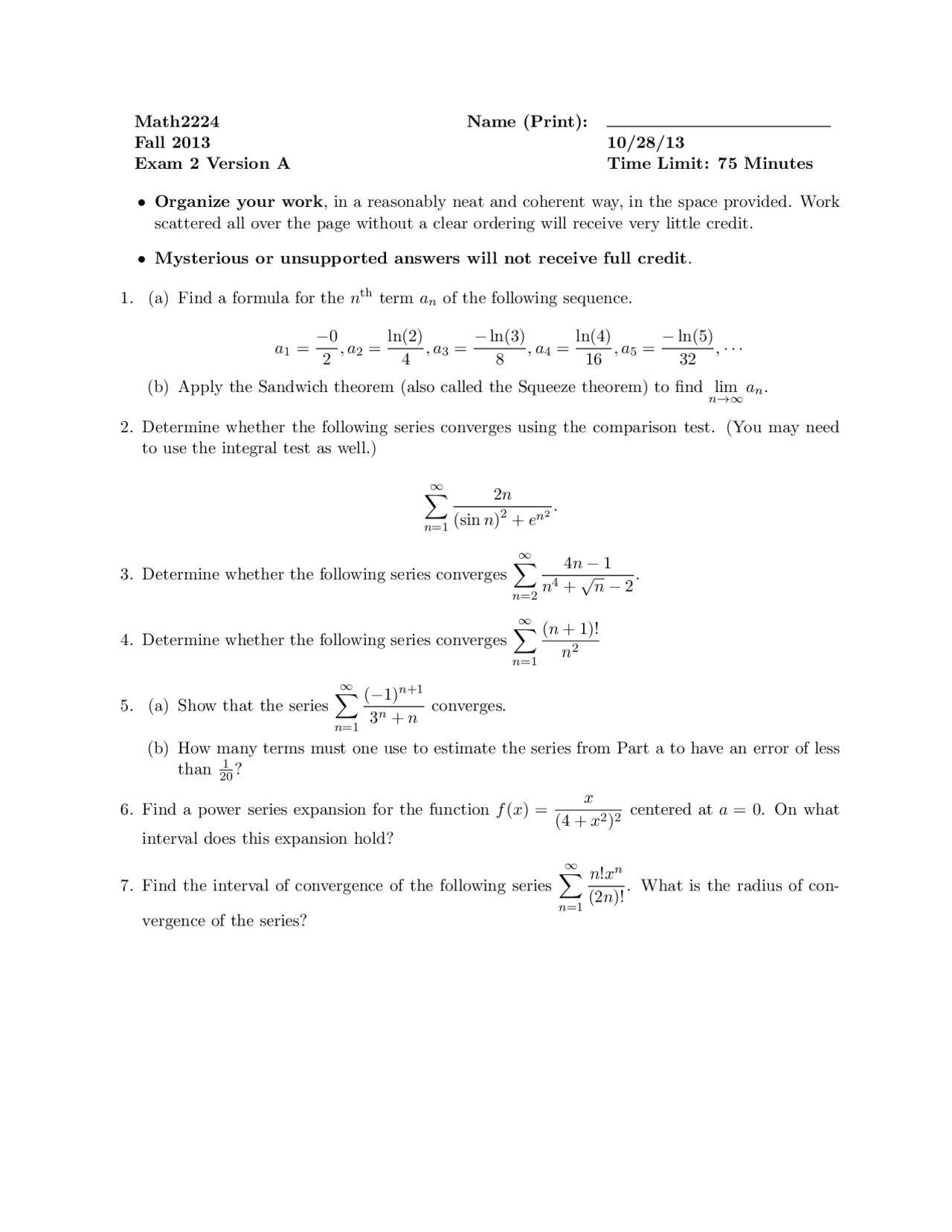 Exam 3 With 7 Questions Multivariable Calculus Math 2224 Docsity