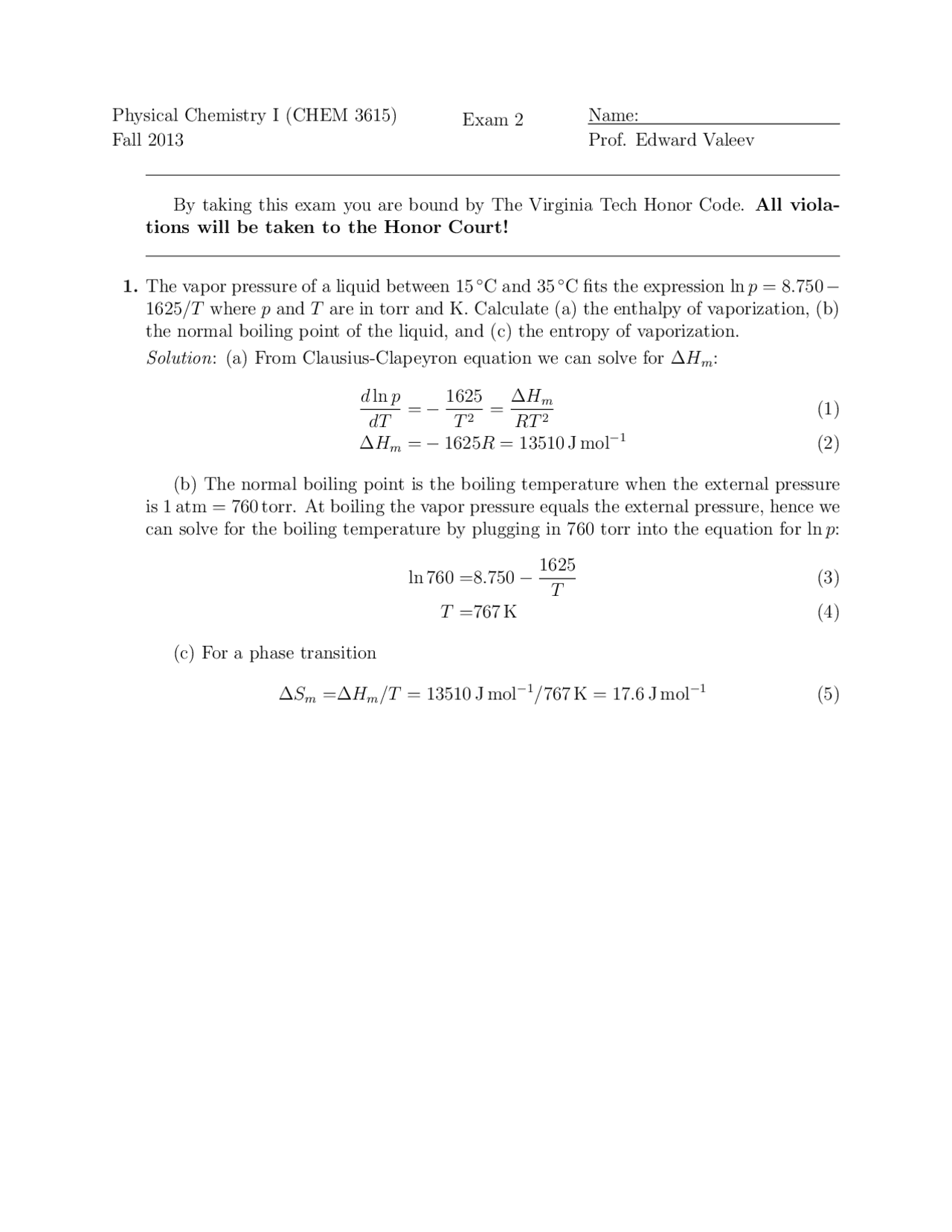 Examination 2 Practice Problems On Physical Chemistry Chem 3615 Docsity