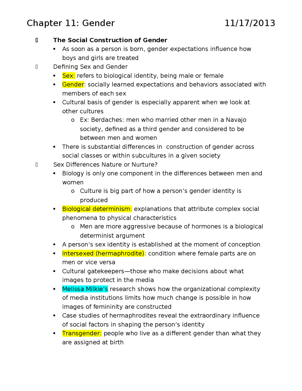 The Social Construction Of Gender Lecture Notes 034 001 Docsity