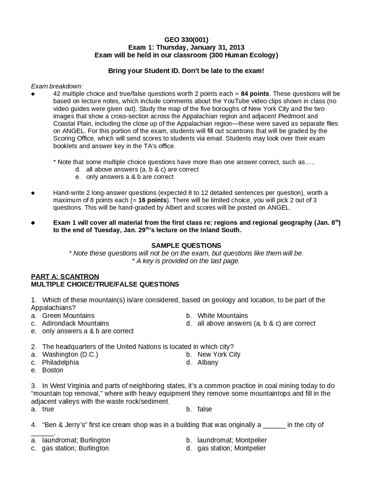 Exam 1 Sample Questions | Geography of United States and Canada | GEO ...