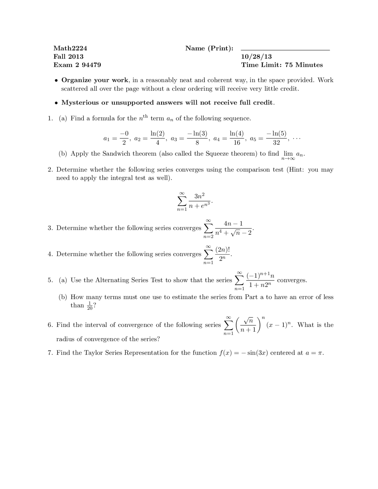 Exam 2 Questions Multivariable Calculus 2013 Math 2224 Docsity