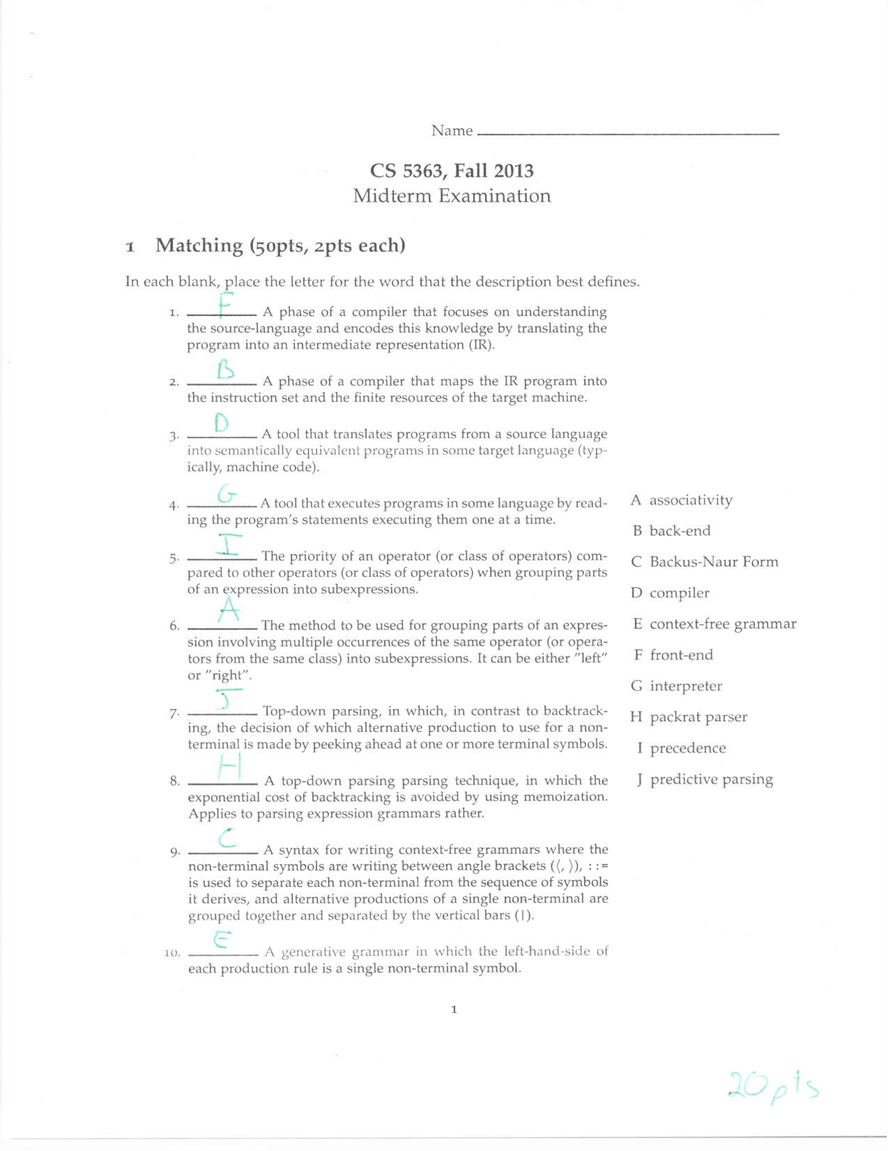Programming Languages And Compilers Midterm Exam With Solution Key