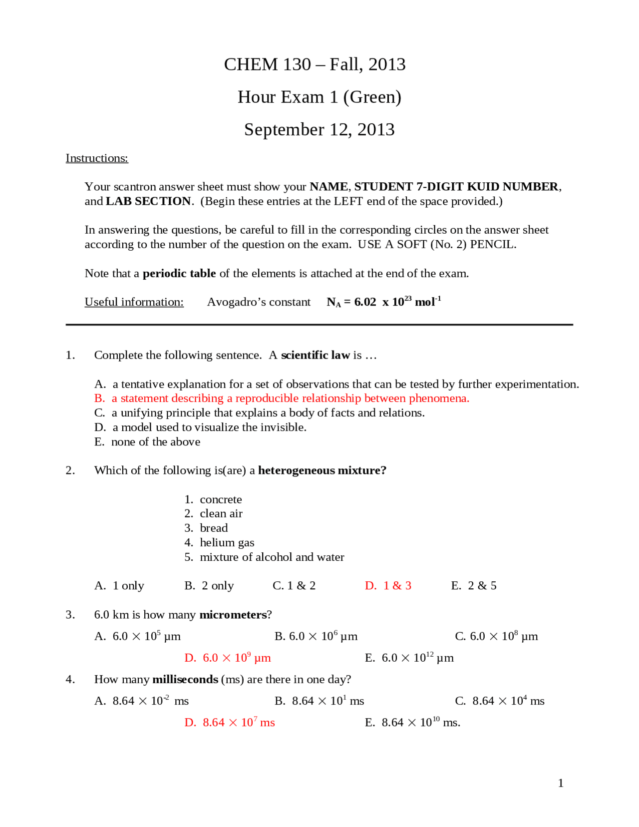 Exam 1 For Foundations Of Chemistry I Chem 184 Docsity