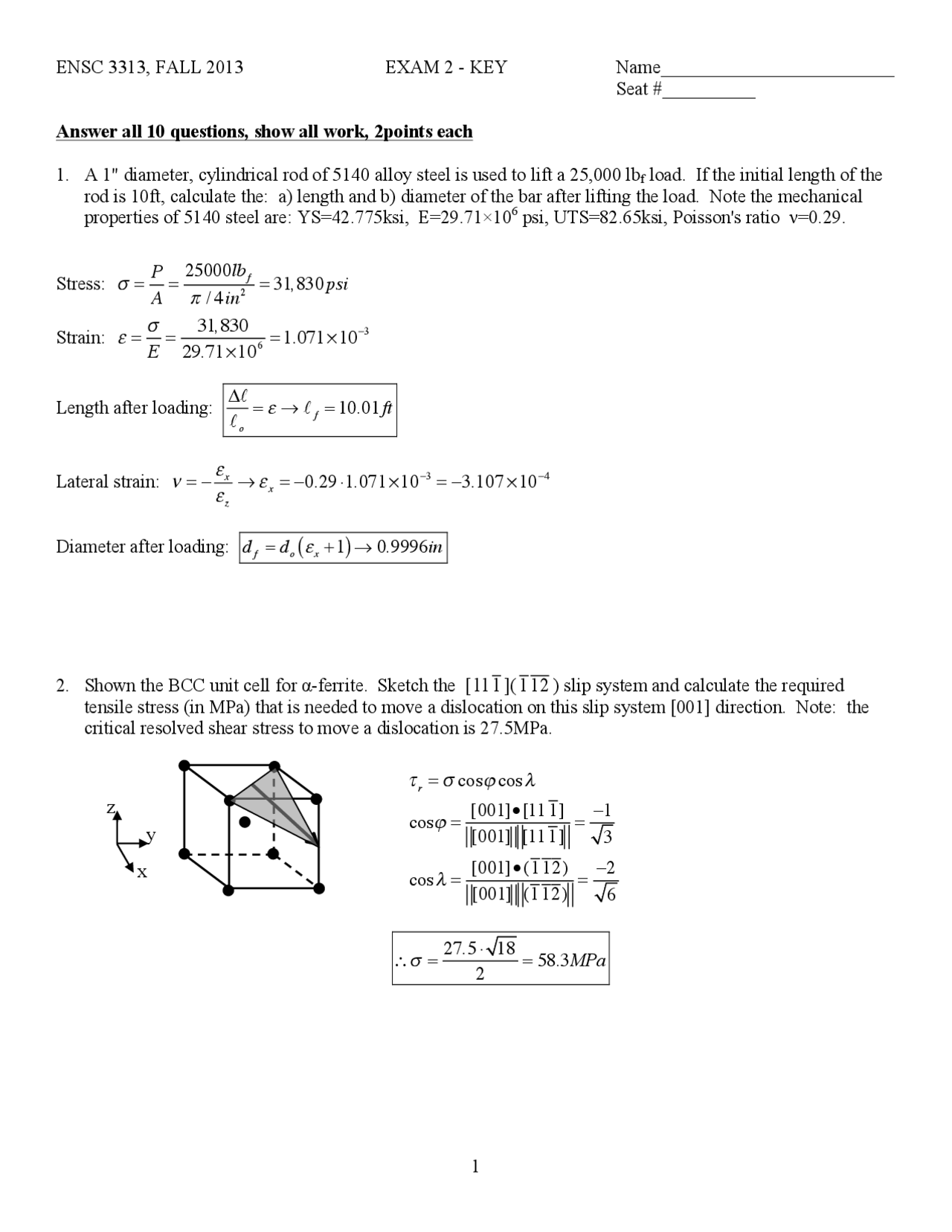 Equations Solved Problems Materials Science Ensc 3313 Docsity