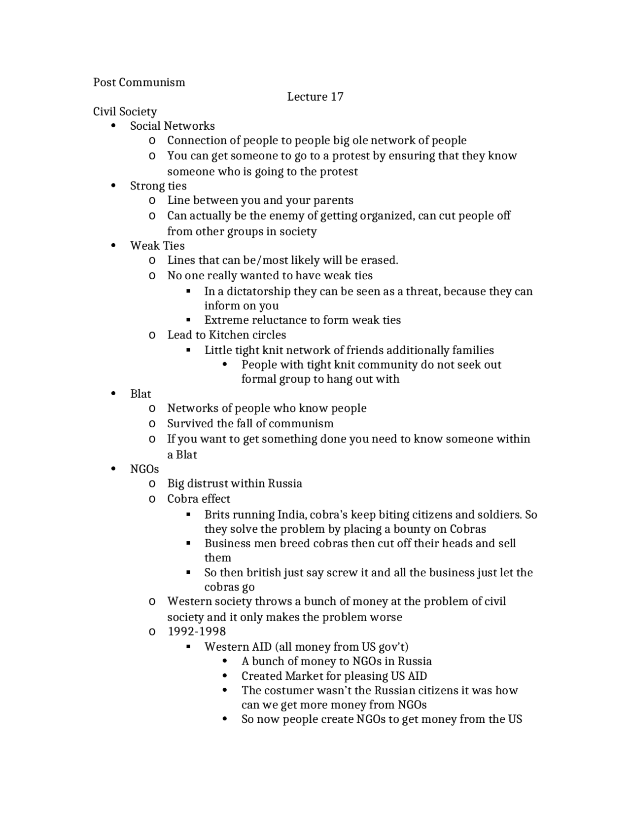Civil Society Lecture Notes Post Communism Psci 3524 Docsity