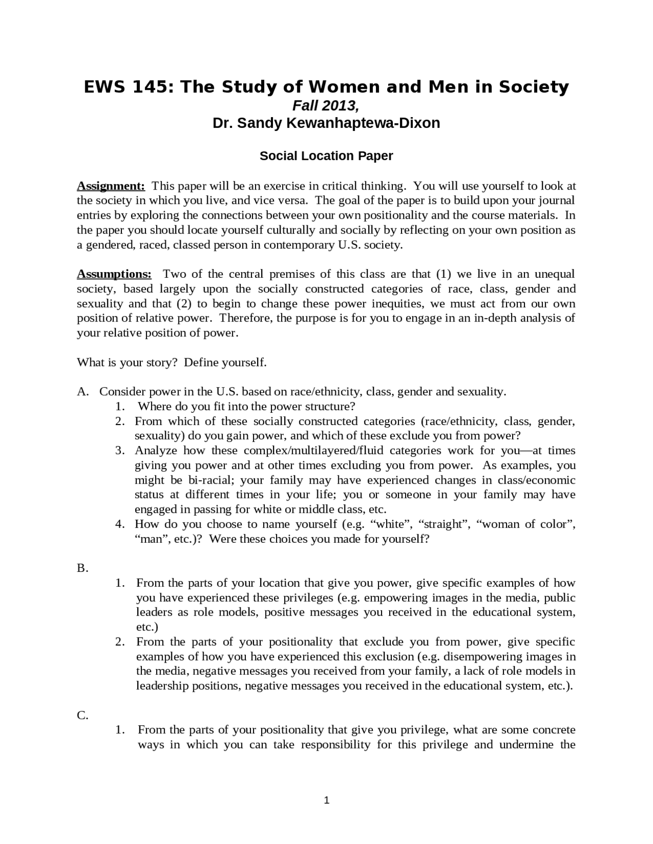 Social Location Paper - Study of Women and Men in Society | EWS 145 ...