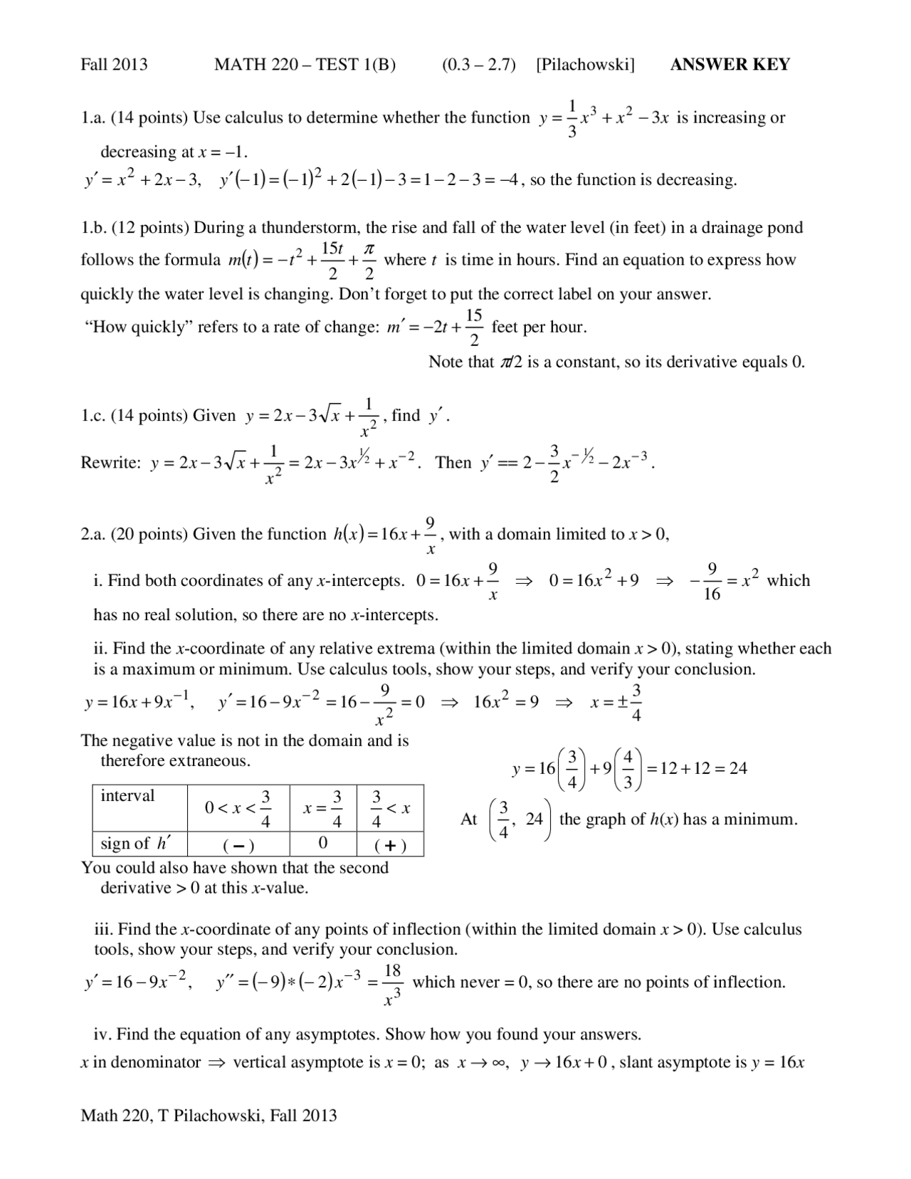 Exam 1 Determine Increasing Or Decreasing Function Math 220 Docsity
