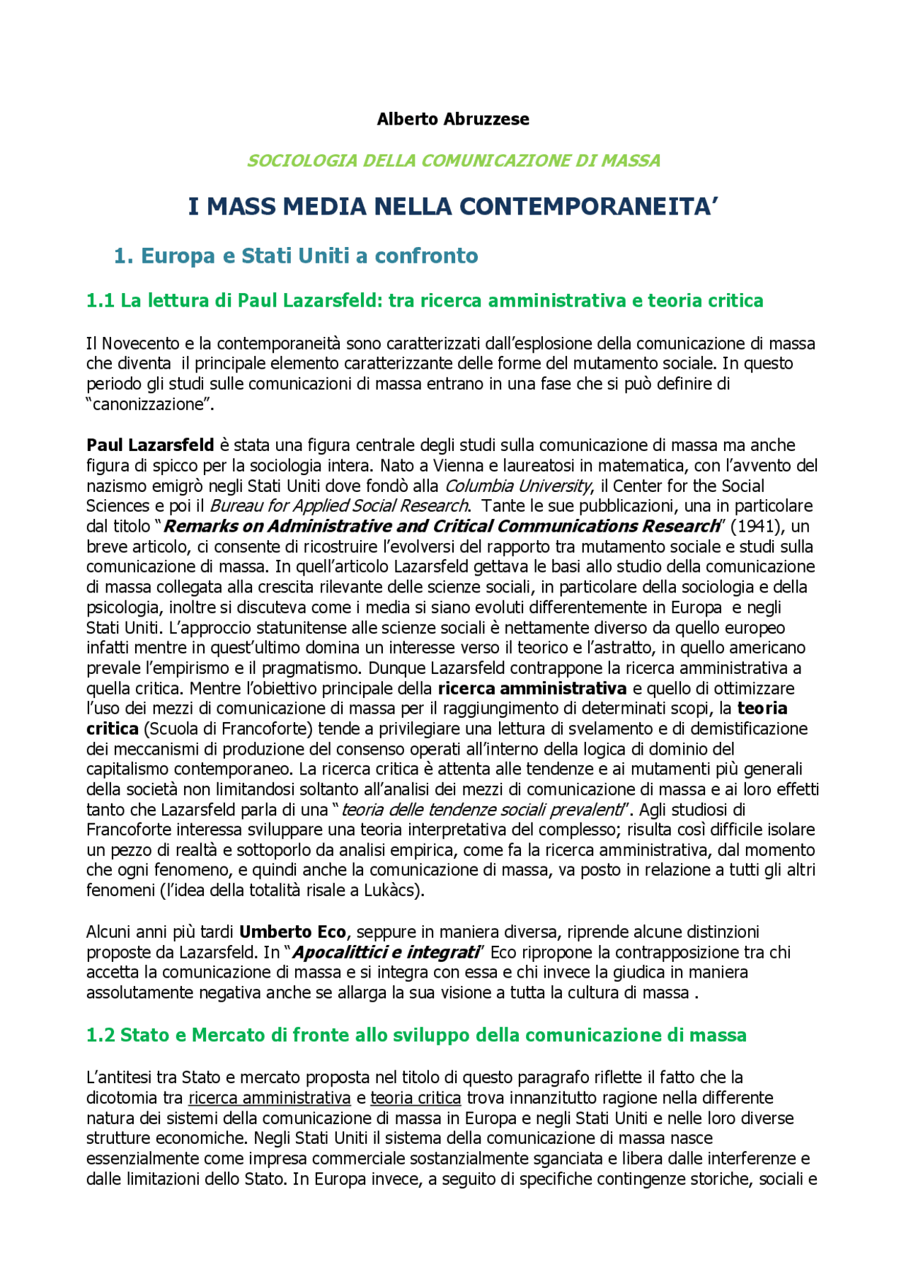 Sociologia Della Comunicazione Abruzzese Sintesi Del Corso Di