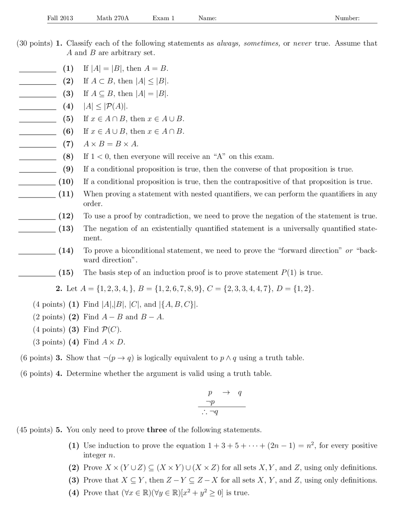 Questions of Mathematical Structure l - Exam 1 | MATH 270A | Exams ...