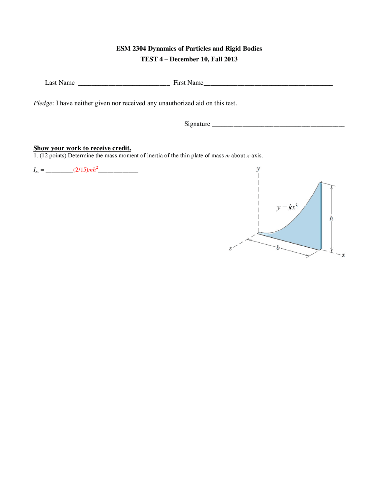 Test 4 Solved Dynamics Fall 2013 Esm 2304 Docsity