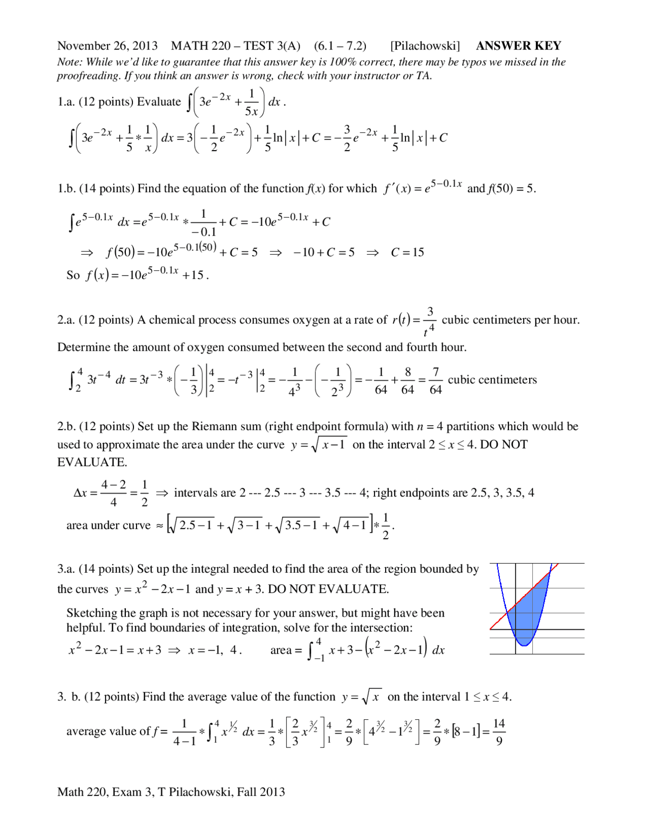 Math 220 Exam 3 Answer Key by T Pilachowski, Fall 2013 - Prof. Timothy John Pilachowski | Exams ...