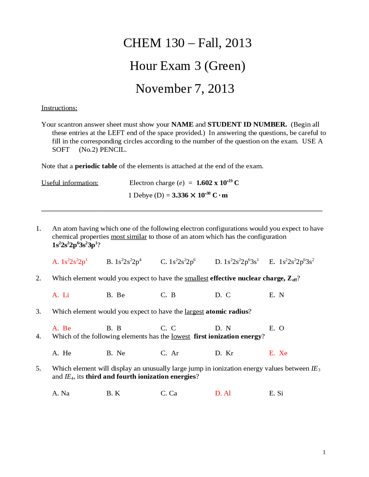 Solution Of Exam 3 Foundations Of Chemistry I Chem 184 Docsity