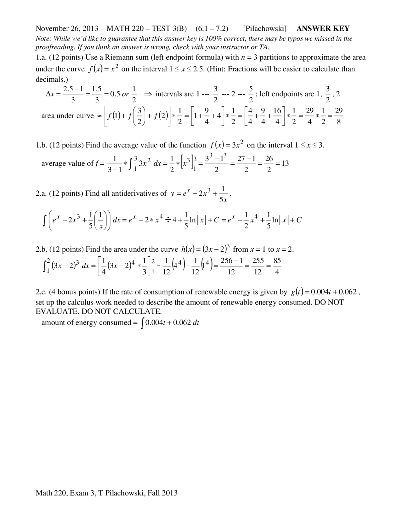 Riemann sum, average value, antiderivatives. Test without solutions ...