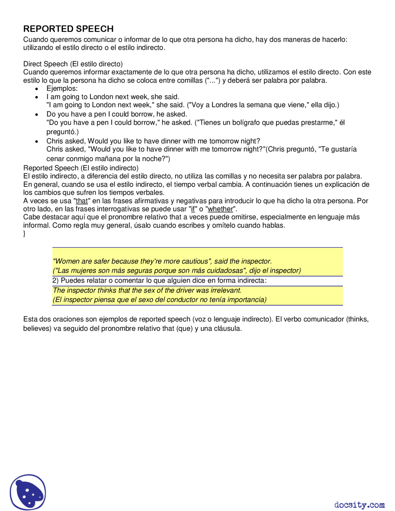 Apuntes Sobre Reported Speech Docsity