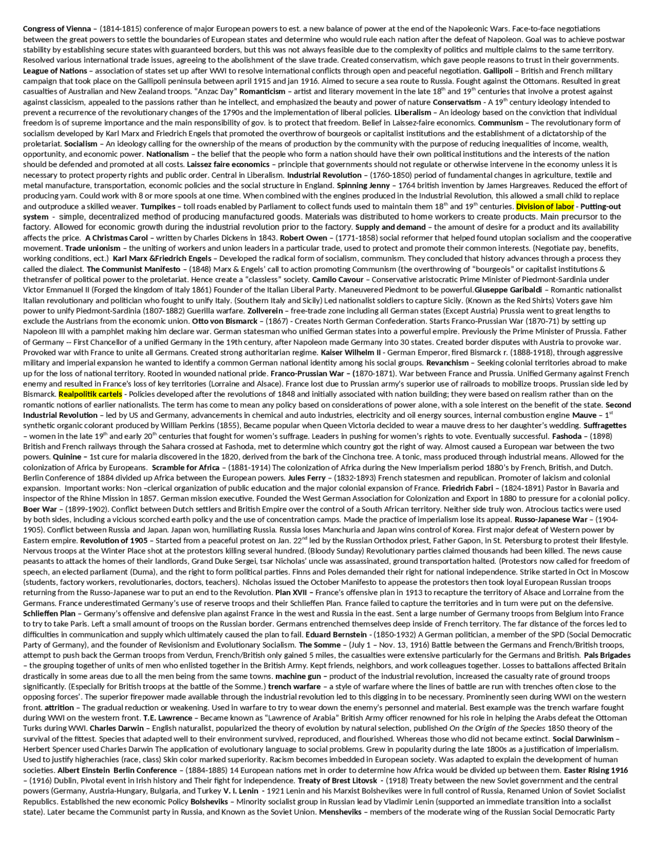 Final Cheat Sheet - Western Civilization, Modern | HIST 101 - Docsity