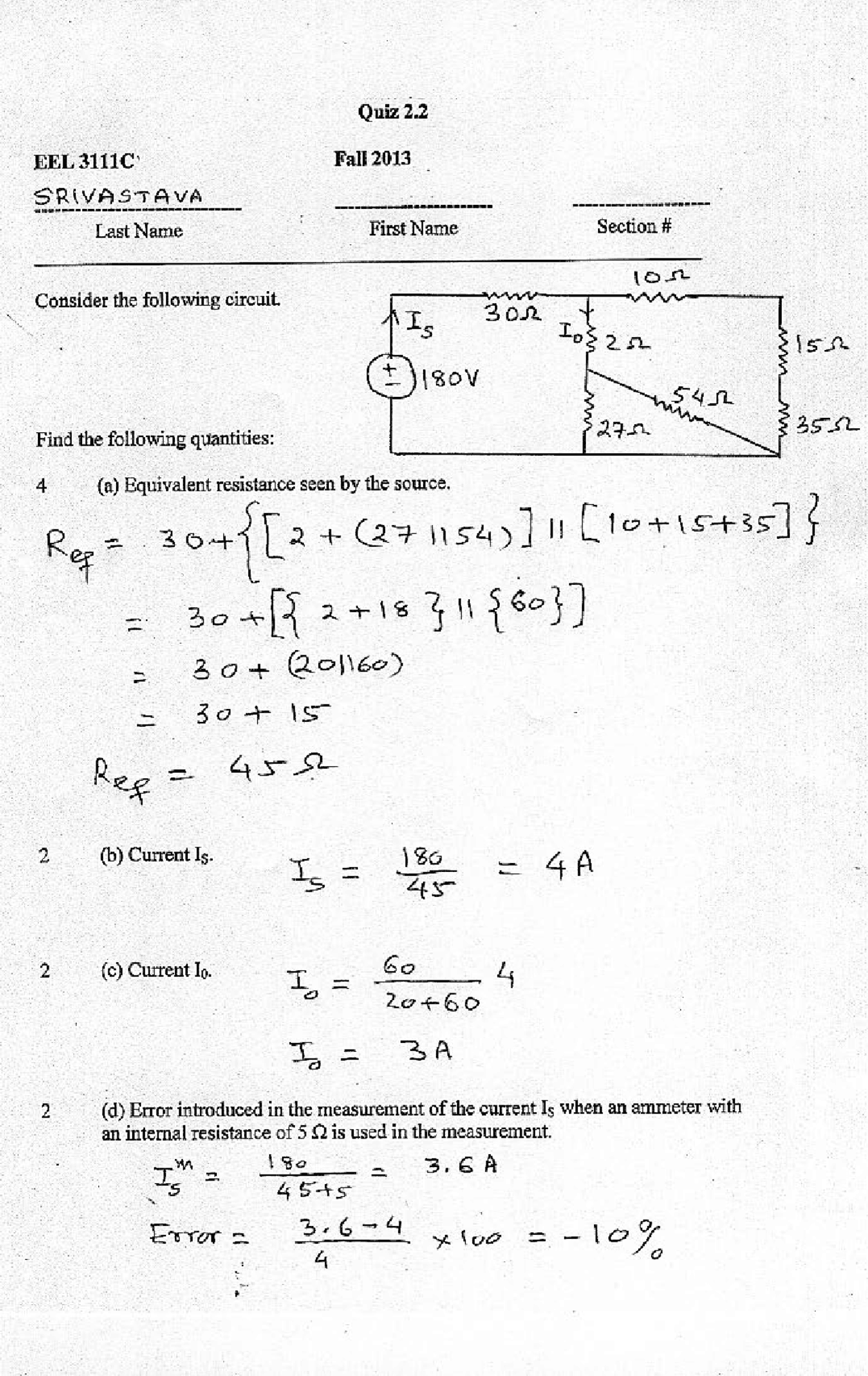 Questions On Circuits 1 With Solution Quiz Eel 3111c Docsity