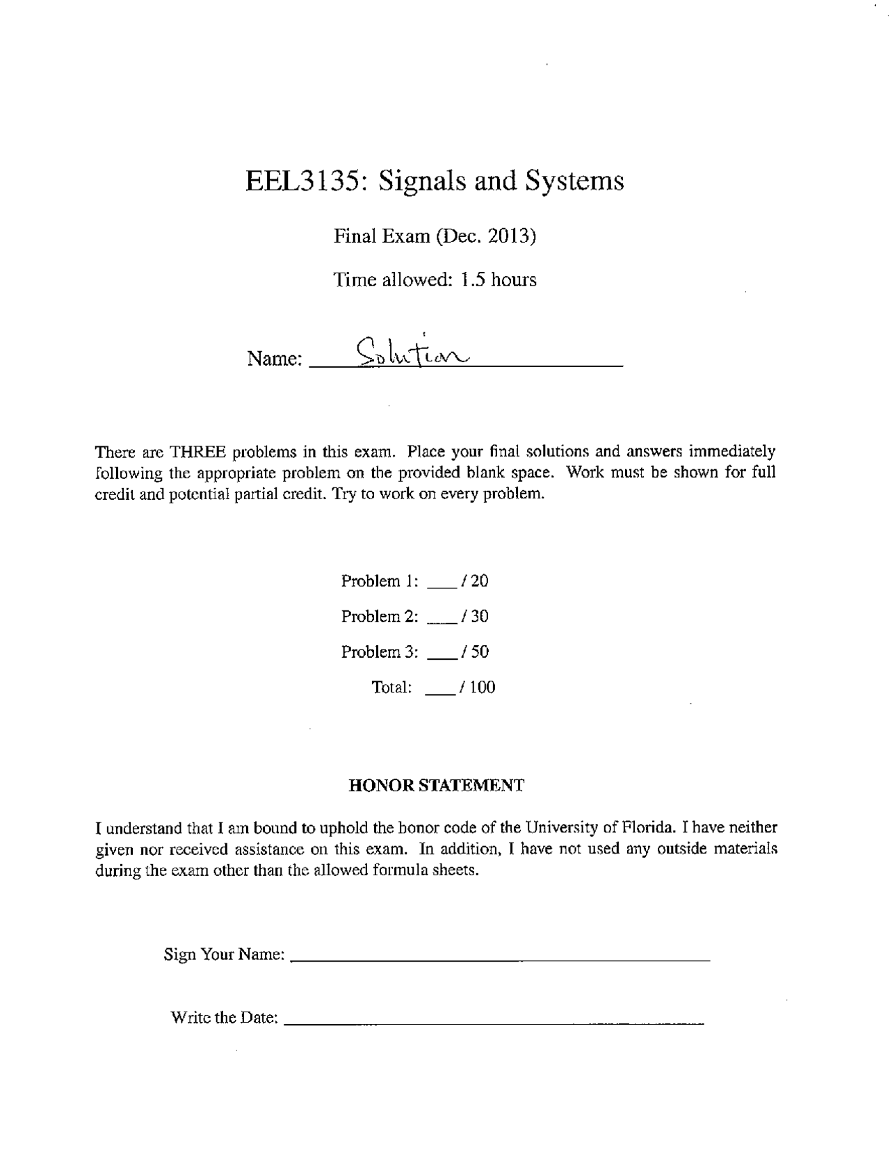 Final Exam With Solution Signal And Systems Eel 3135 Docsity
