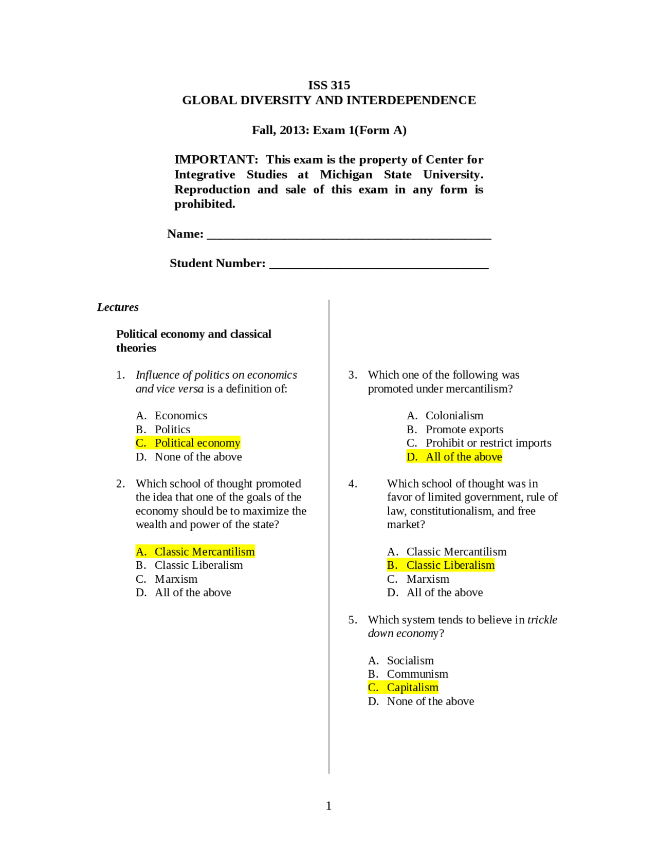 Exam 1 For Global Diversity And Interdependent Iss 315 Docsity