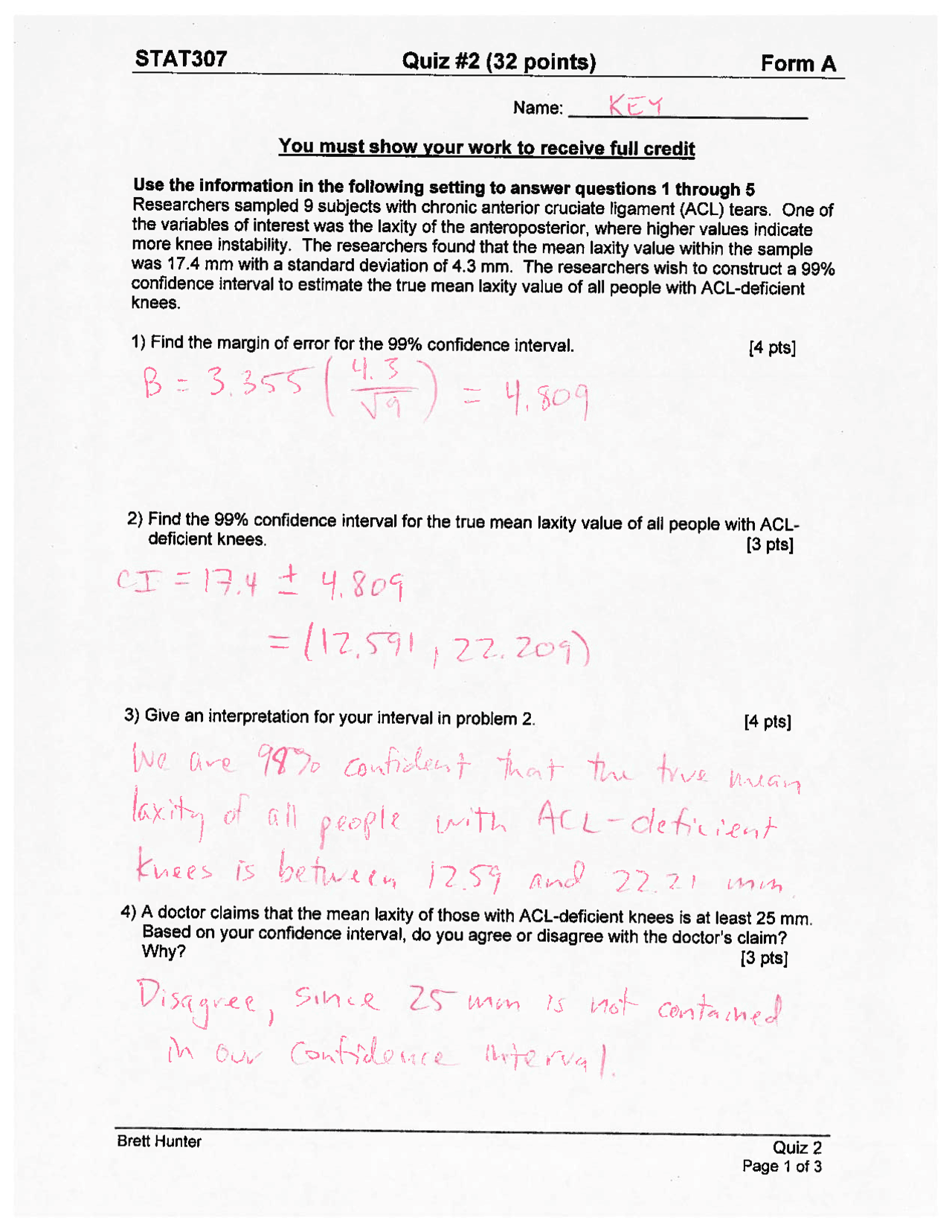 Quiz 2 Form A With Solution Introduction To Biostatistics Stat 307