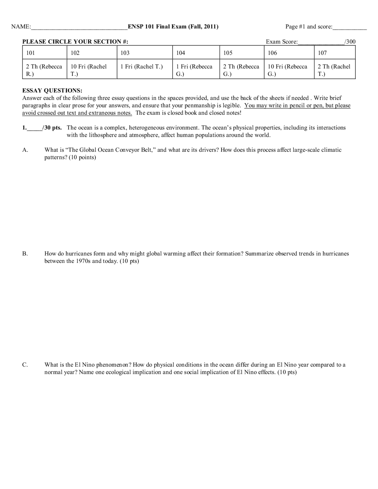 6 Problems On Introduction To Environmental Science Final Exam Ensp