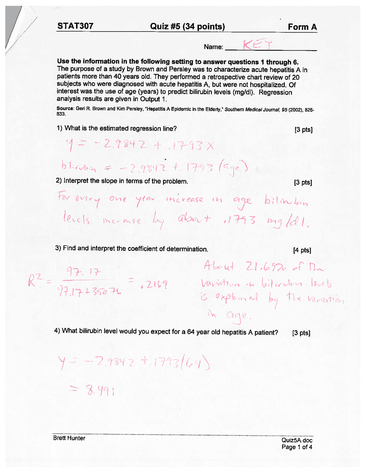 Quiz 5a With Answer Key Introduction To Biostatistics Stat 307