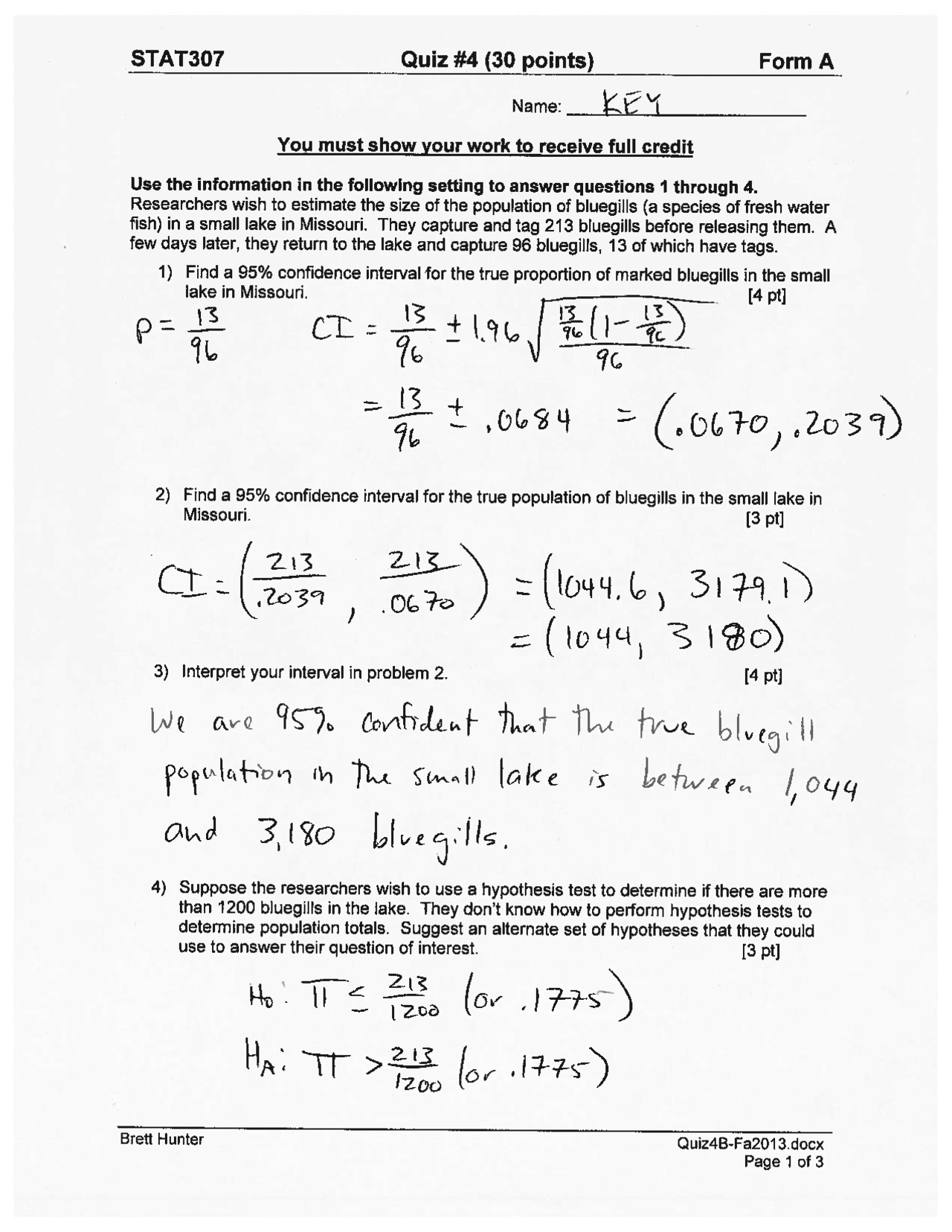 Quiz 4 Answer Key Introduction To Biostatistics Stat 307 Docsity