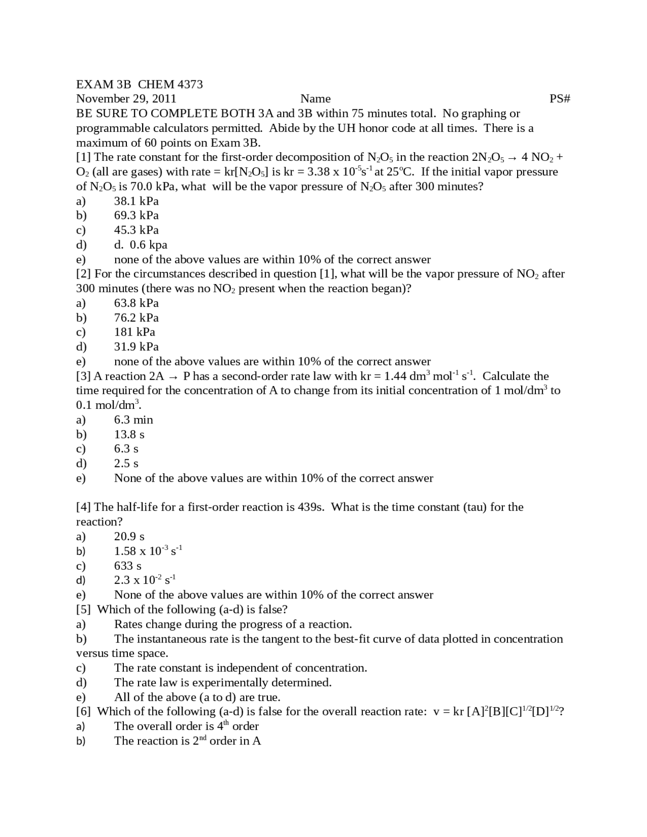 12 Multiple Choice Questions Exam 3b Survey Of Physical Chemistry