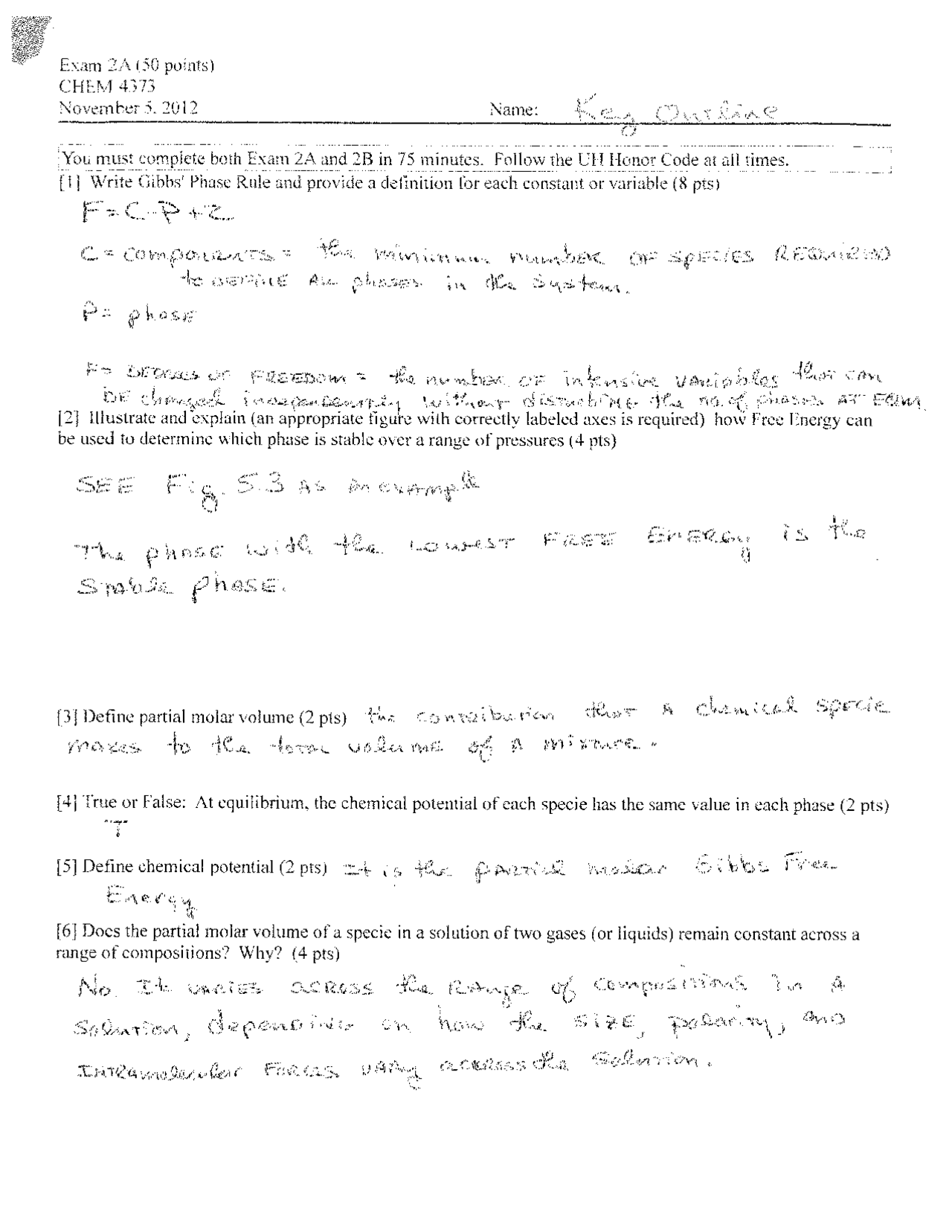 Key Outline Exam 2a Survey Of Physical Chemistry Chem 4373 Docsity