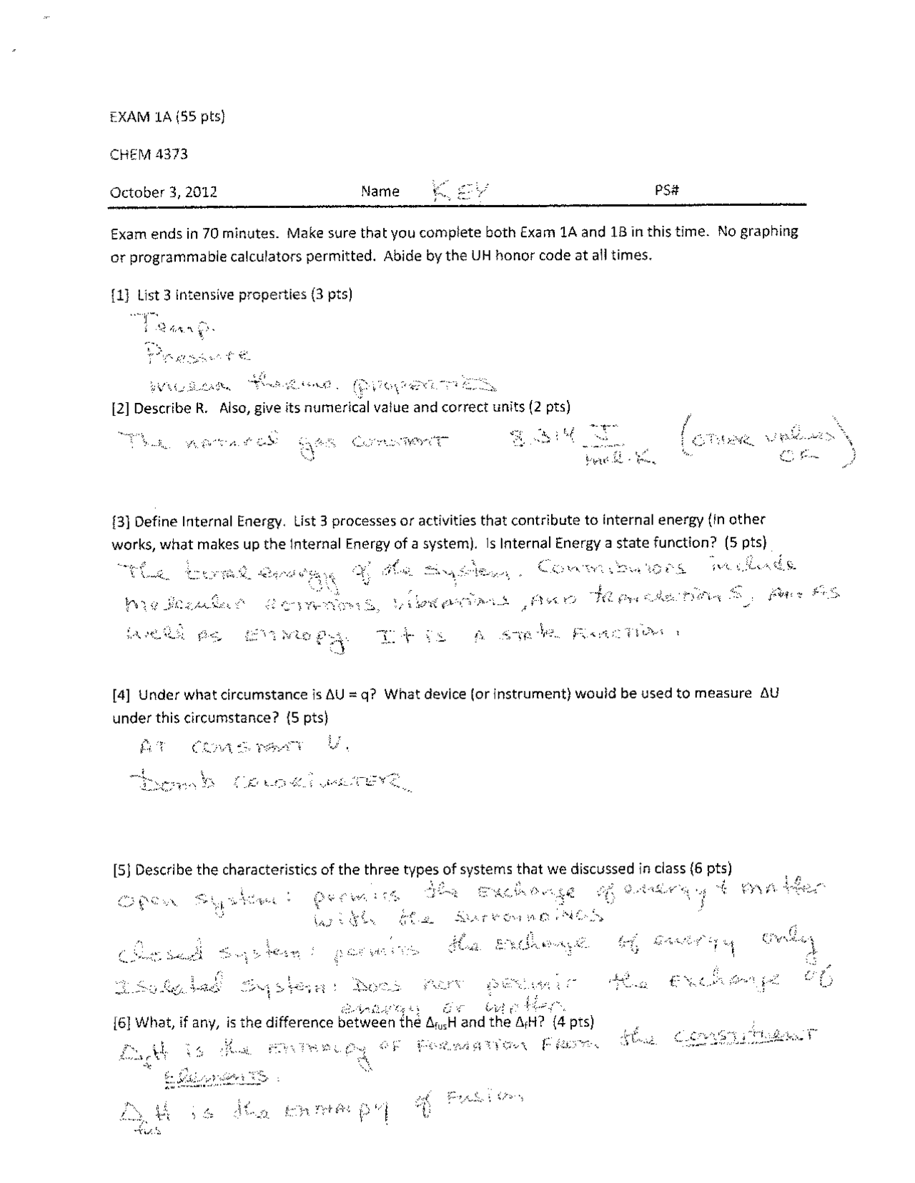 Exam 1 Answer Key - Survey of Physical Chemistry | CHEM 4373 - Docsity