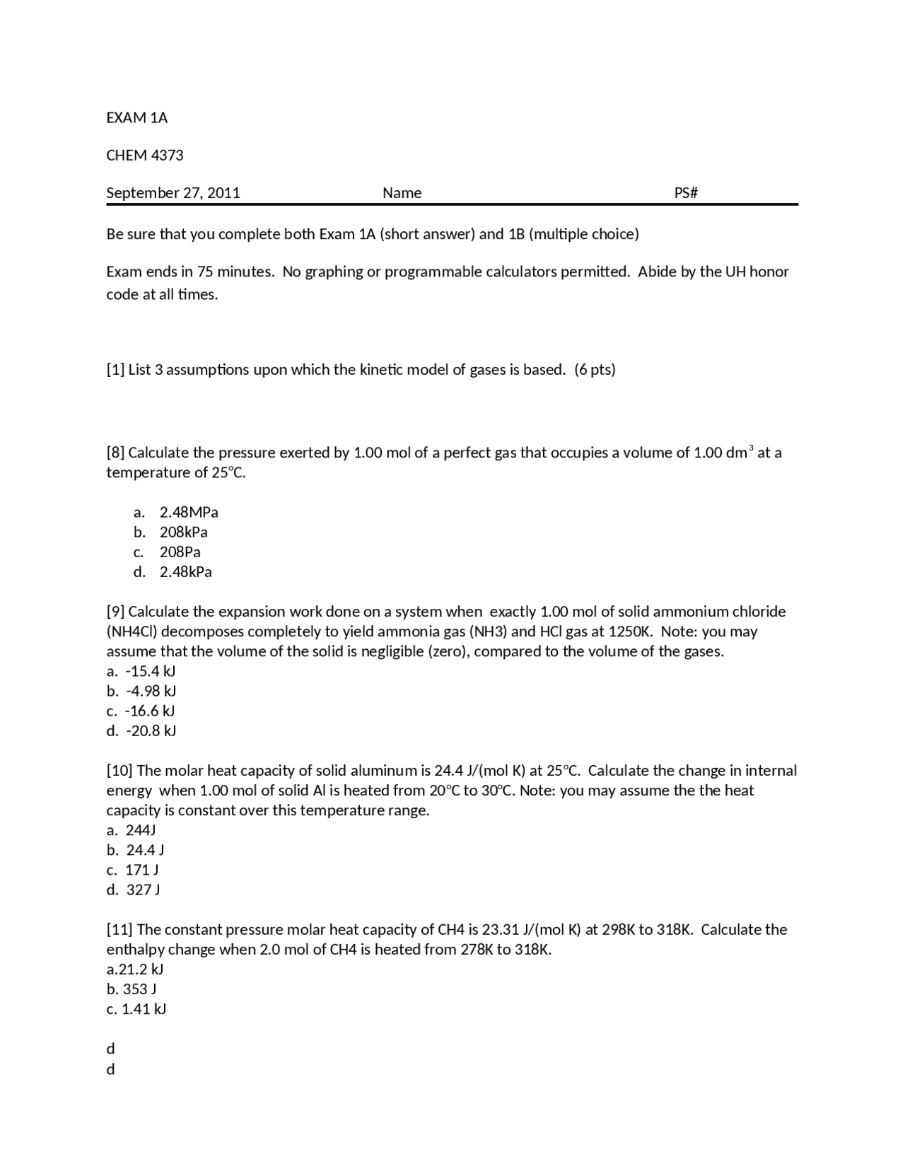 Exam 1 Question General Physics With Calculus I Chem 4373 Docsity