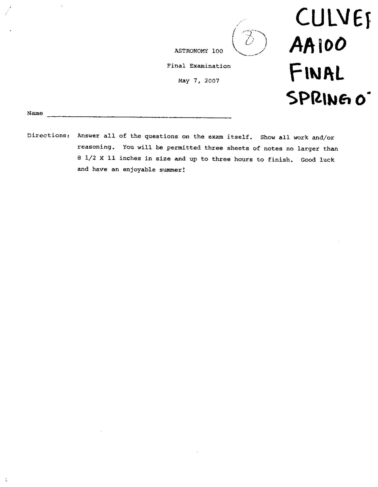 Past Final Exam On Introduction To Astronomy Aa 100 Docsity