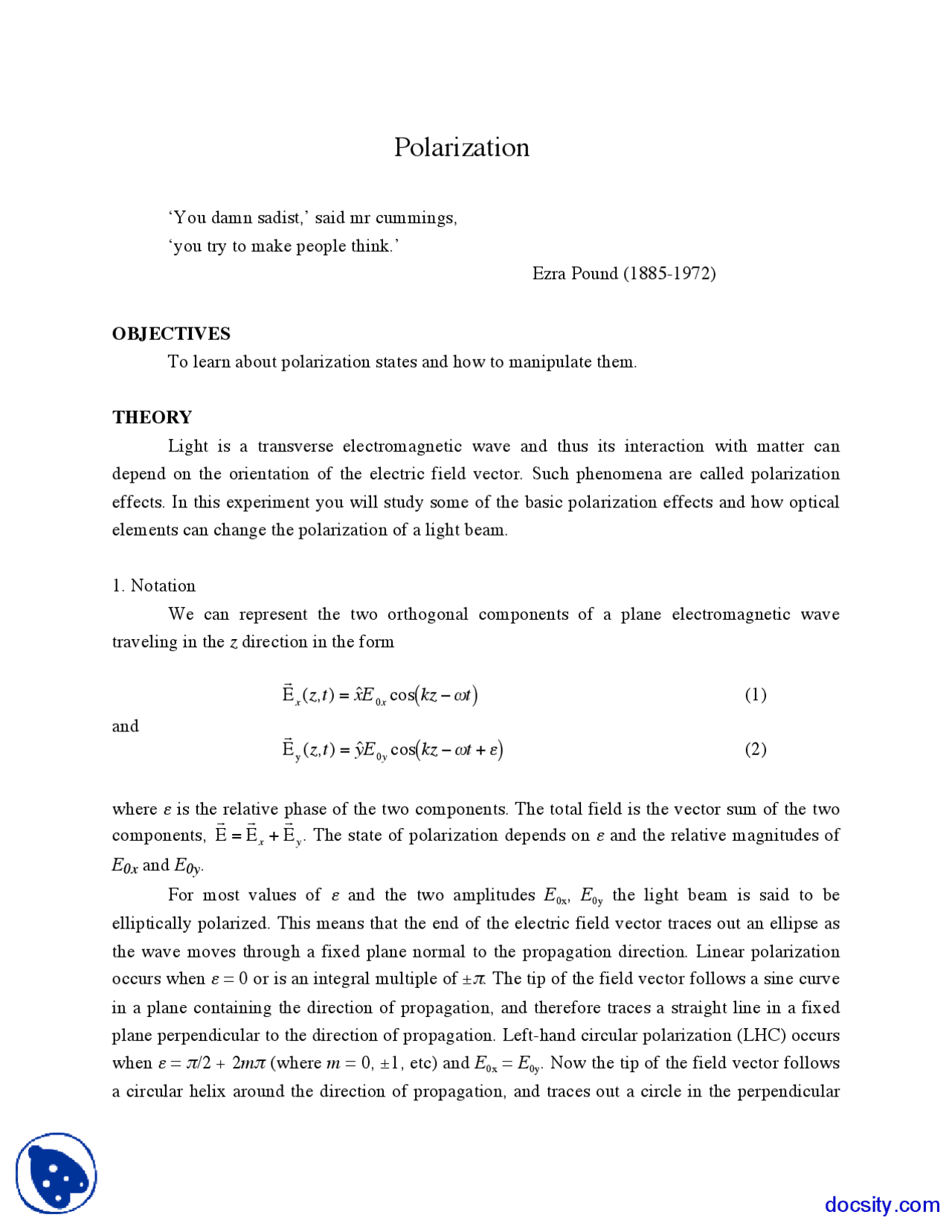 Polarization Waves And Optics Lab Manual Docsity
