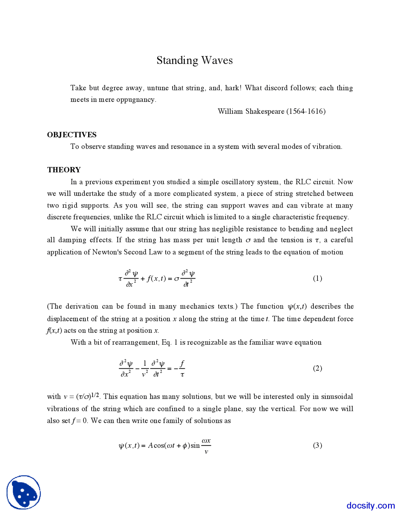 Standing Waves Waves And Optics Lab Manual Docsity