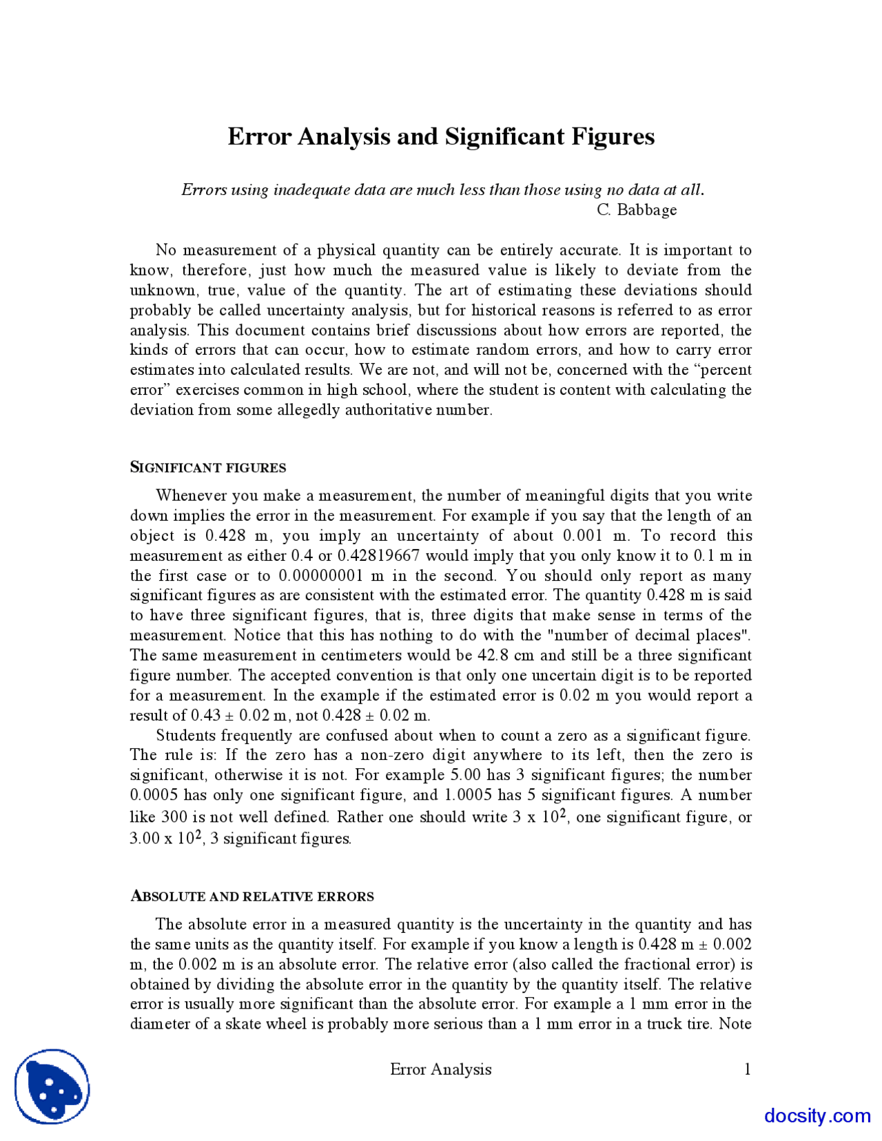 Error Analysis Wave And Optics Lecture Notes Docsity