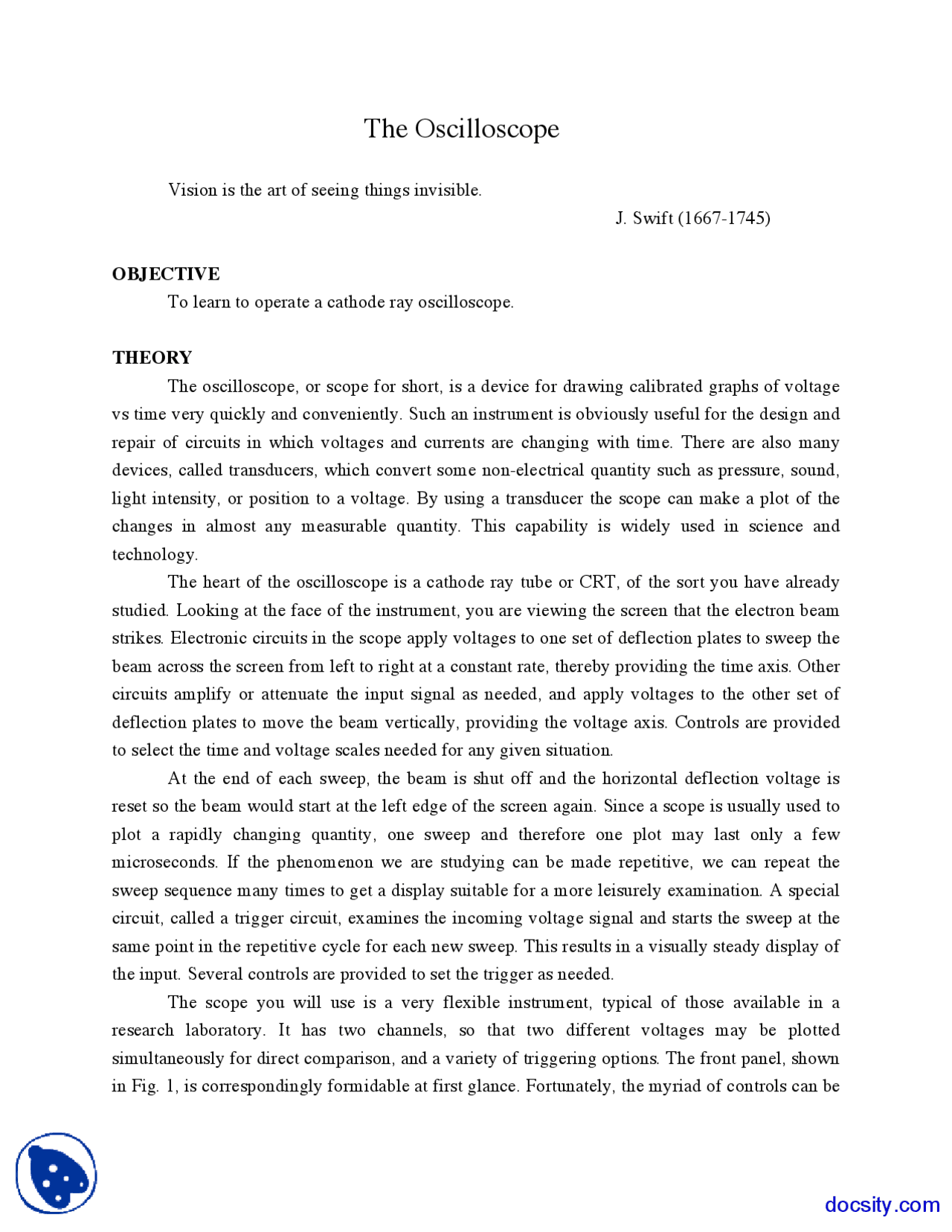 Oscilloscope Wave Optics Lecture Notes Docsity