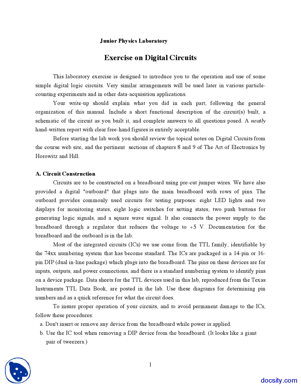Digital Circuits - Junior Physics - Lab Manual | Study notes Physics ...