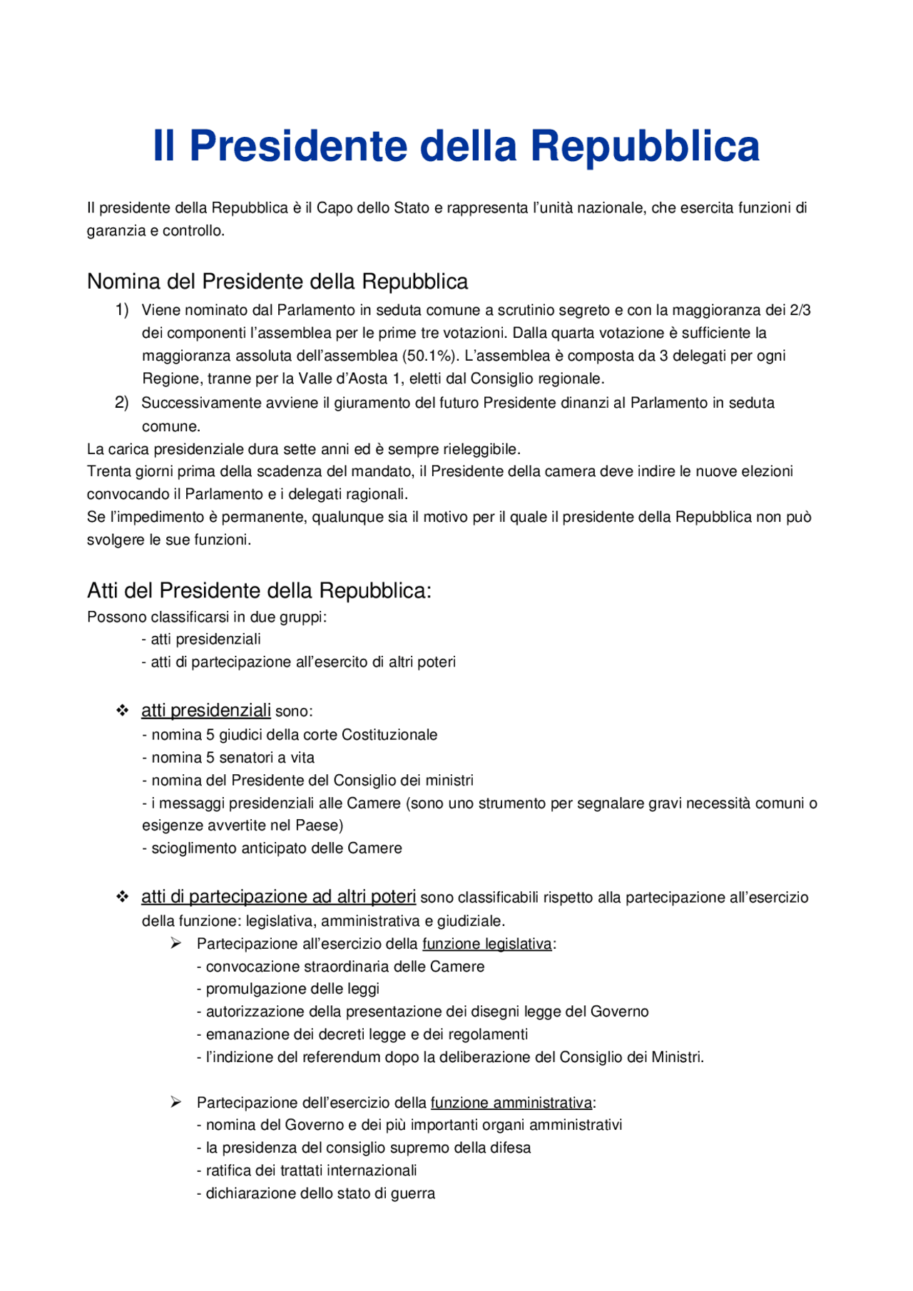 Appunti Sul Presidente Della Repubblica Docsity