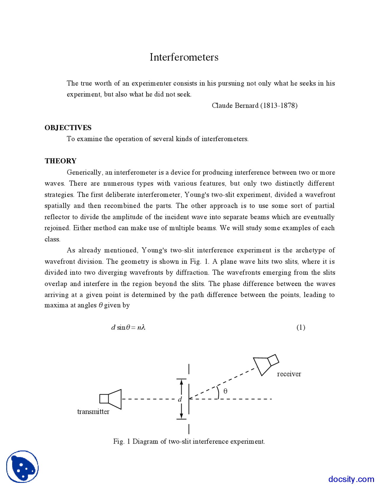 Interferometers Waves And Optics Lab Manual Docsity