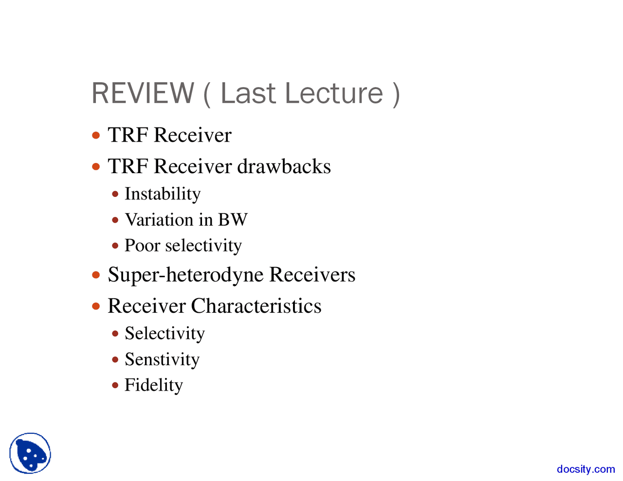 Recievers - Electrical Engineering - Lecture Slides - Docsity